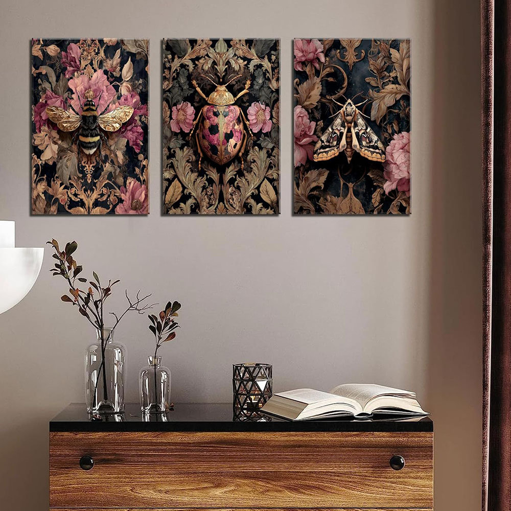 Trinx 3Pcs Vintage Insect Wall Art Wall Decor Gothic Bee Beetle Moth ...