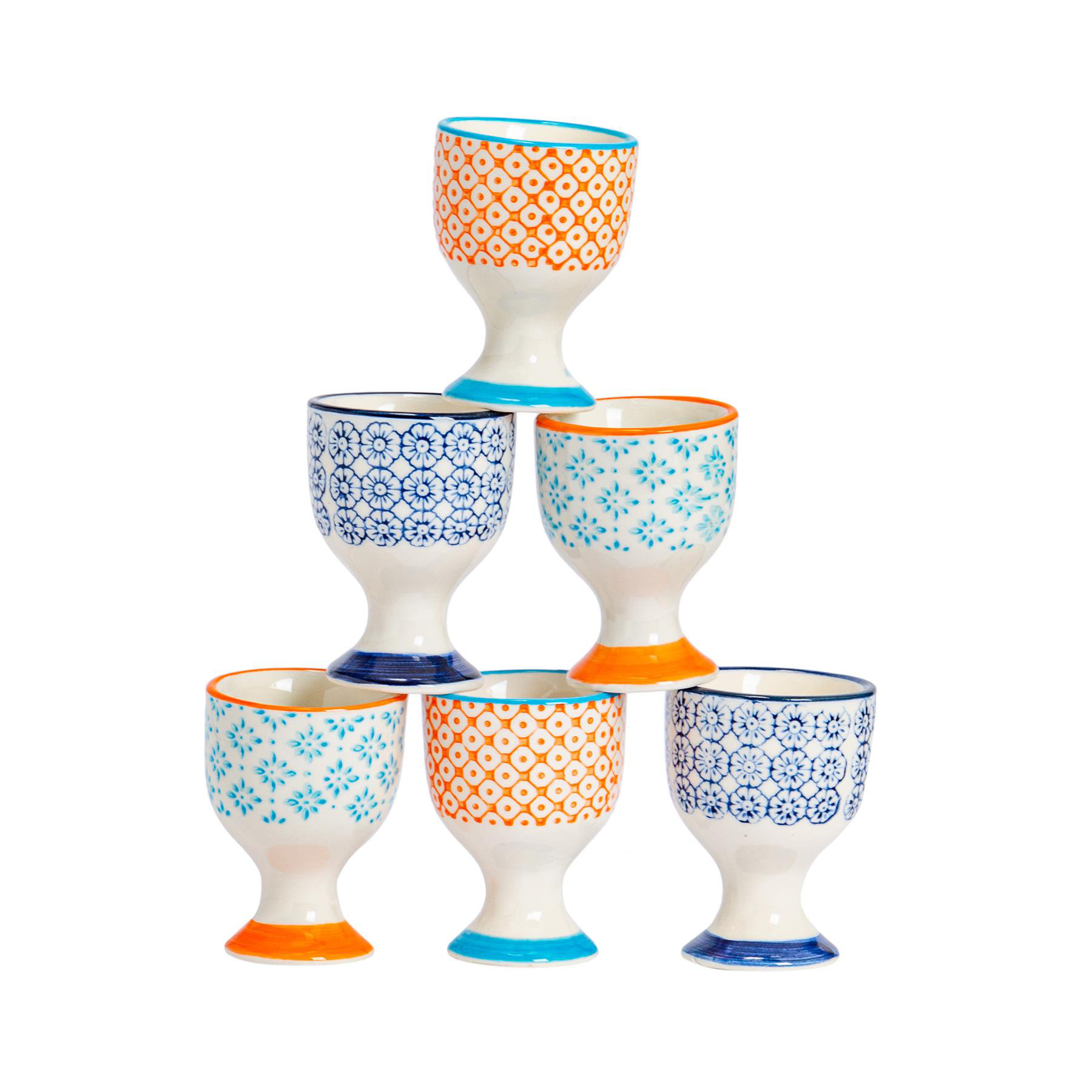 Nicola Spring Hand-Printed Egg Cups - 5.5cm - 3 Colours - Pack of 6 ...