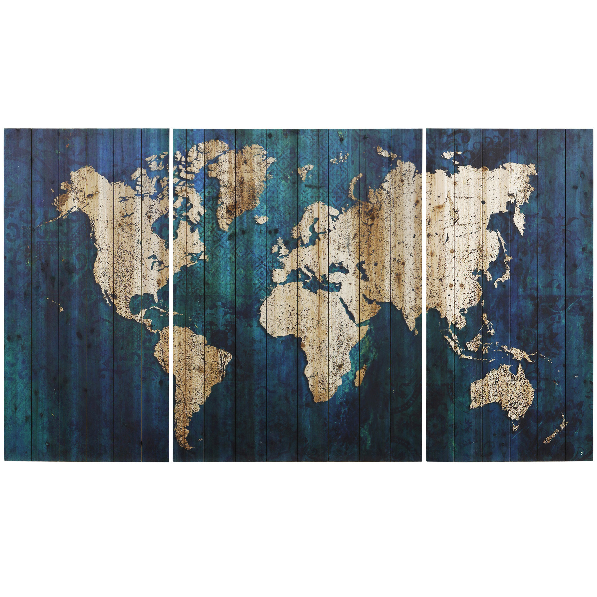 Breakwater Bay Set of 3 World Map Triptych Wooden Panel Print Natural ...