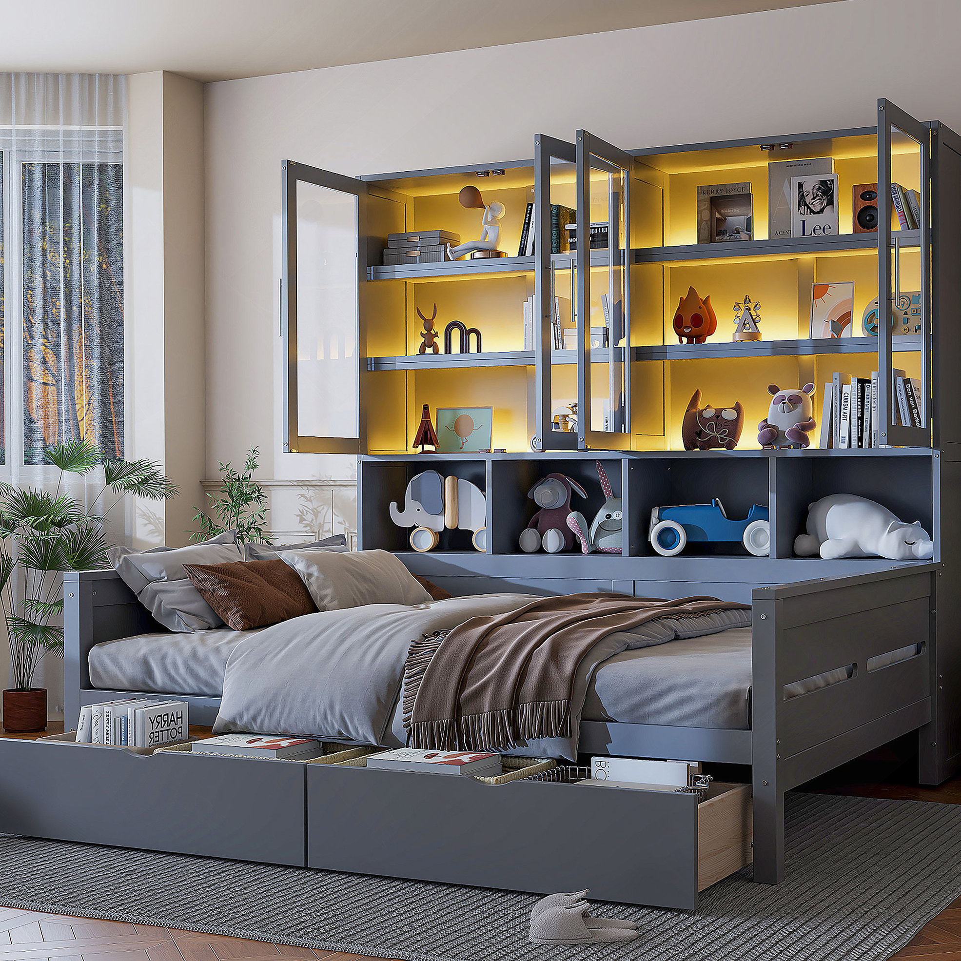 Latitude Run® Full Size Wooden Daybed with Glass-Door Storage Cabinets ...