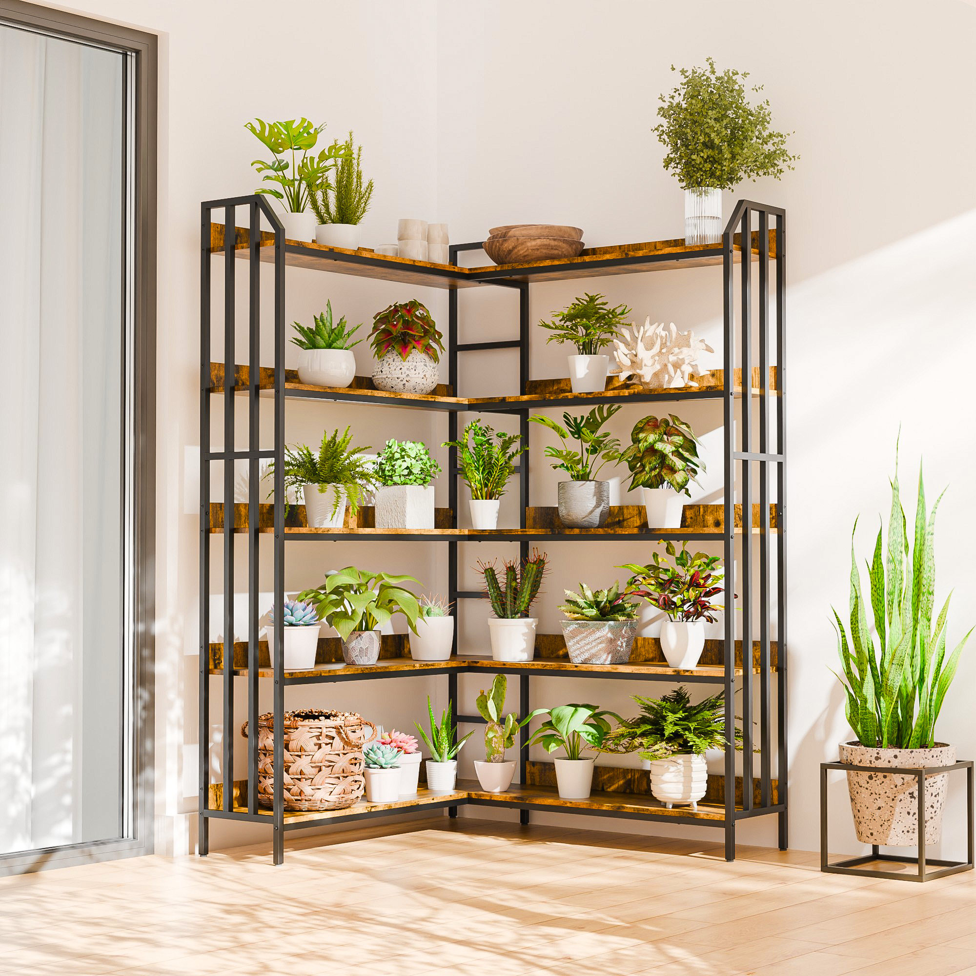 17 Stories Bookshelf 5 Tiers , Corner Bookcase With Baffles, 70''x47 ...