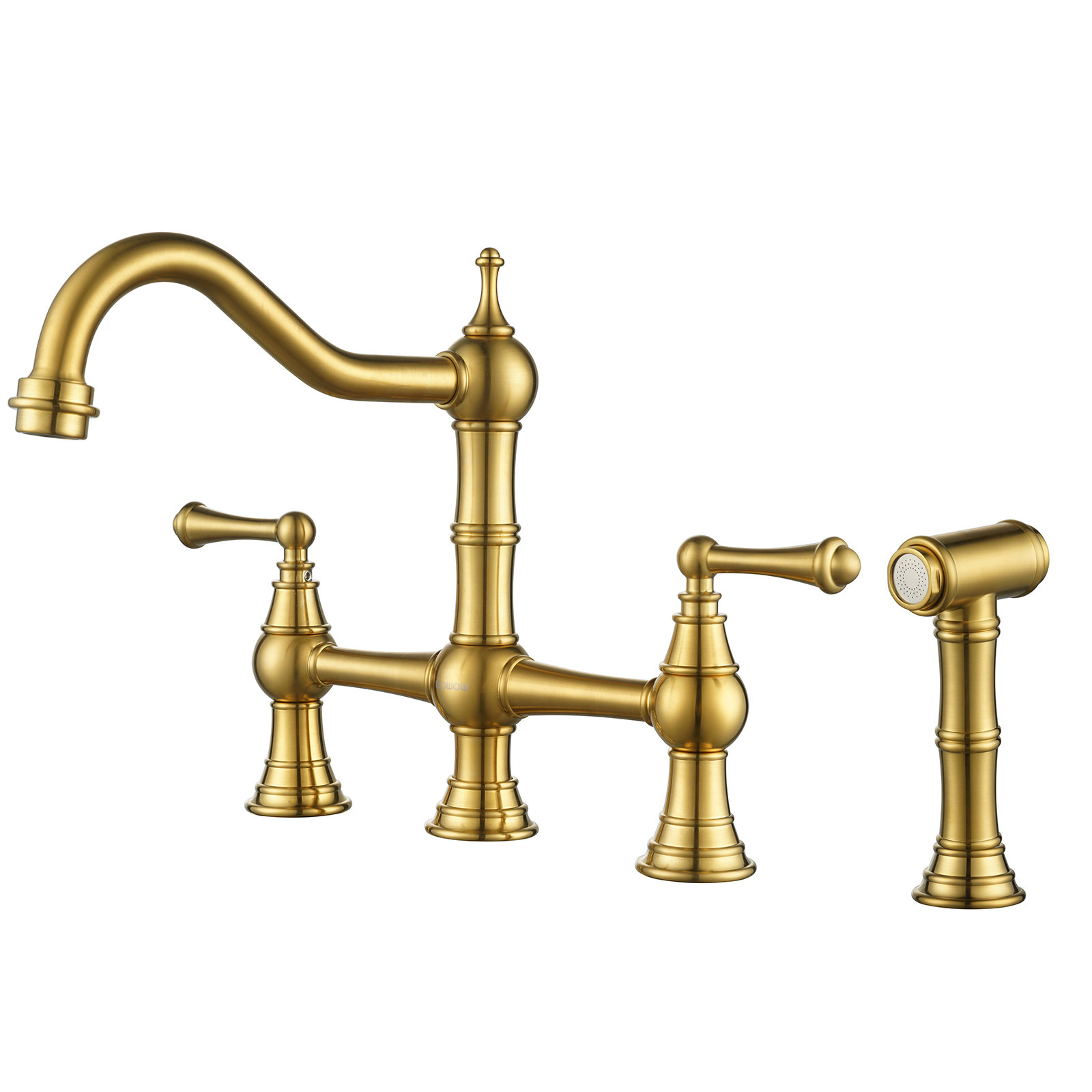 WOWOW Heritage Brass Bridge Kitchen Faucet with Sprayer, 4 Hole Kitchen ...
