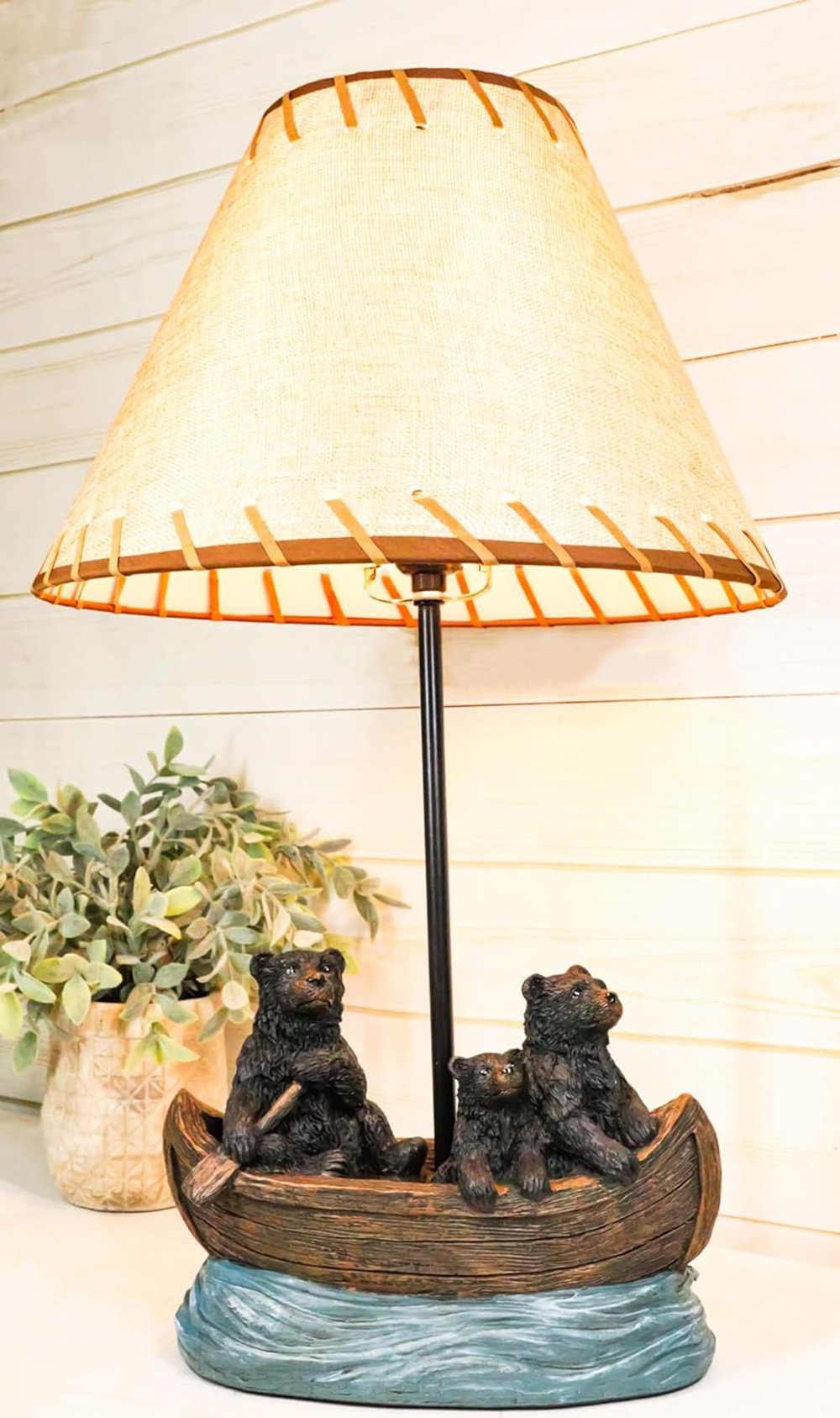 Trinx Rustic Woody Forest River Run Black Bears With Cub Rowing Canoe ...