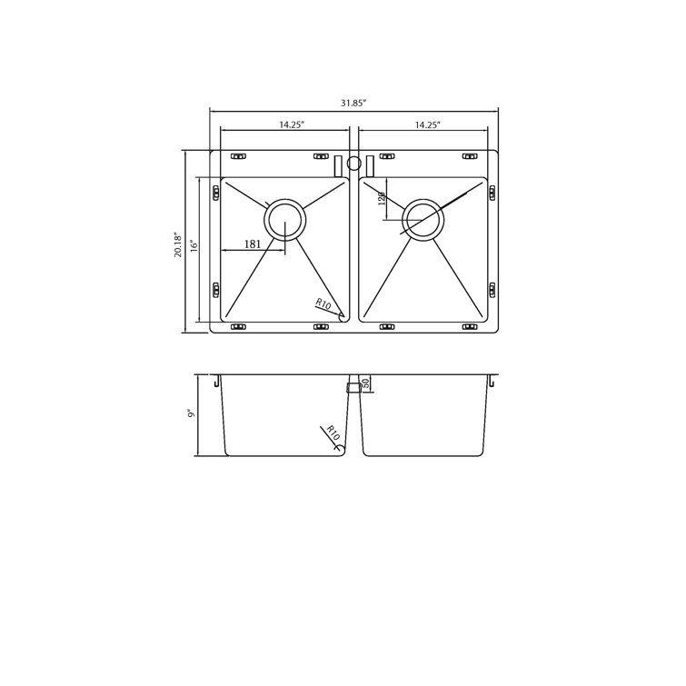 Onex 31.85'' L Drop-In Double Bowl Stainless Steel Kitchen Sink ...