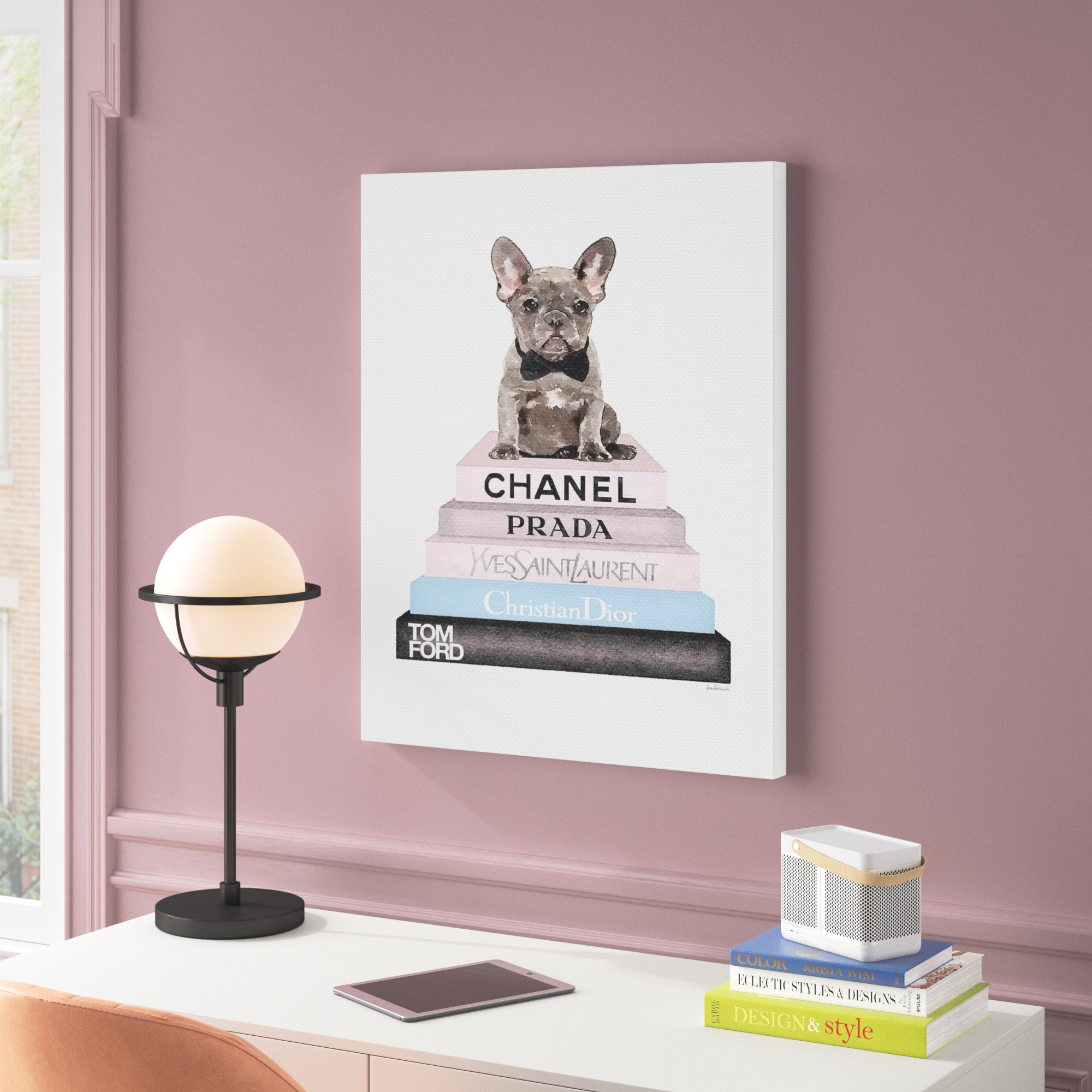 Viv + Rae™ Boden Bookstack with Gray Frenchie Puppy' Print | Wayfair