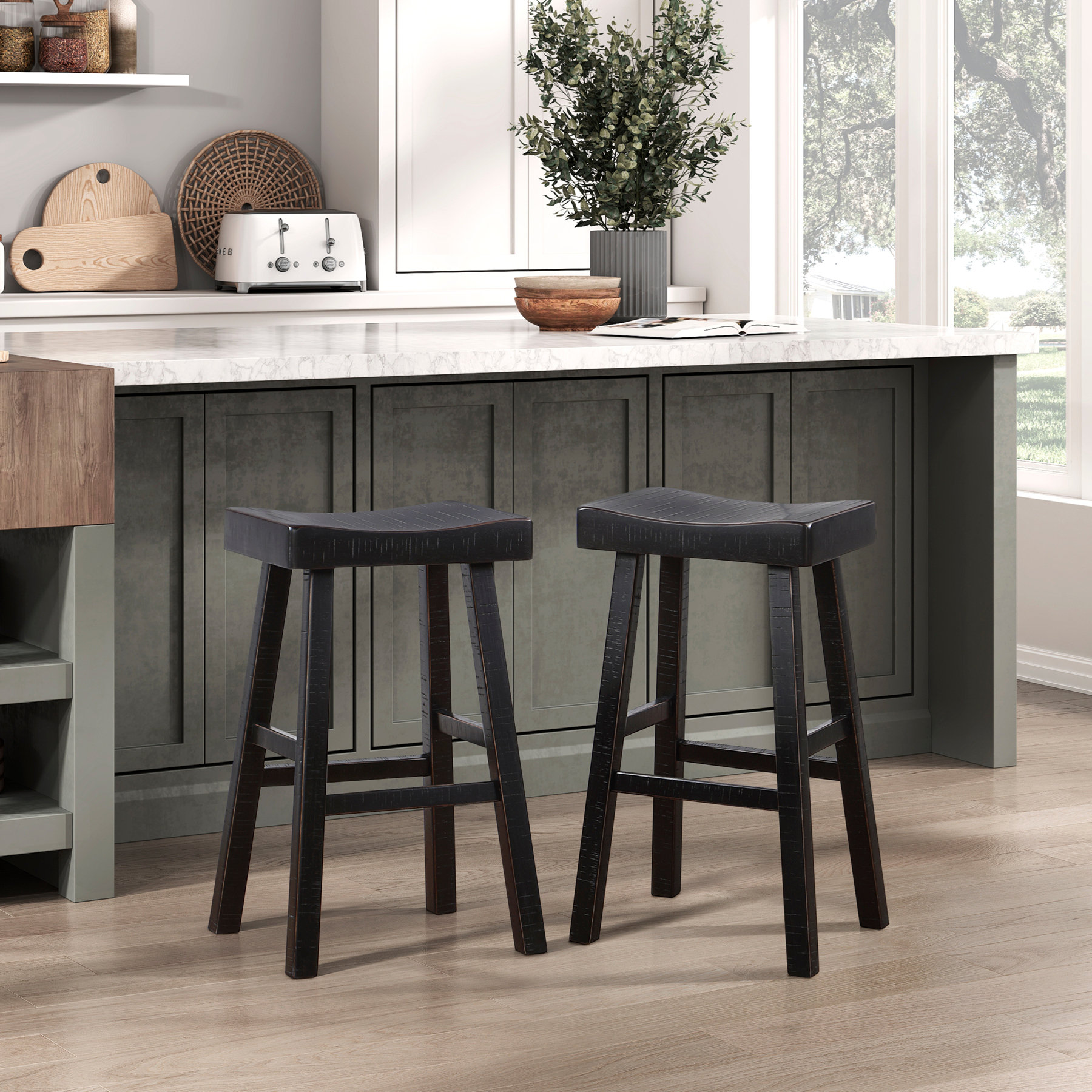 Wildon Home® Transitional Design Bar Stools Set Of 2Pcs, Solid ...