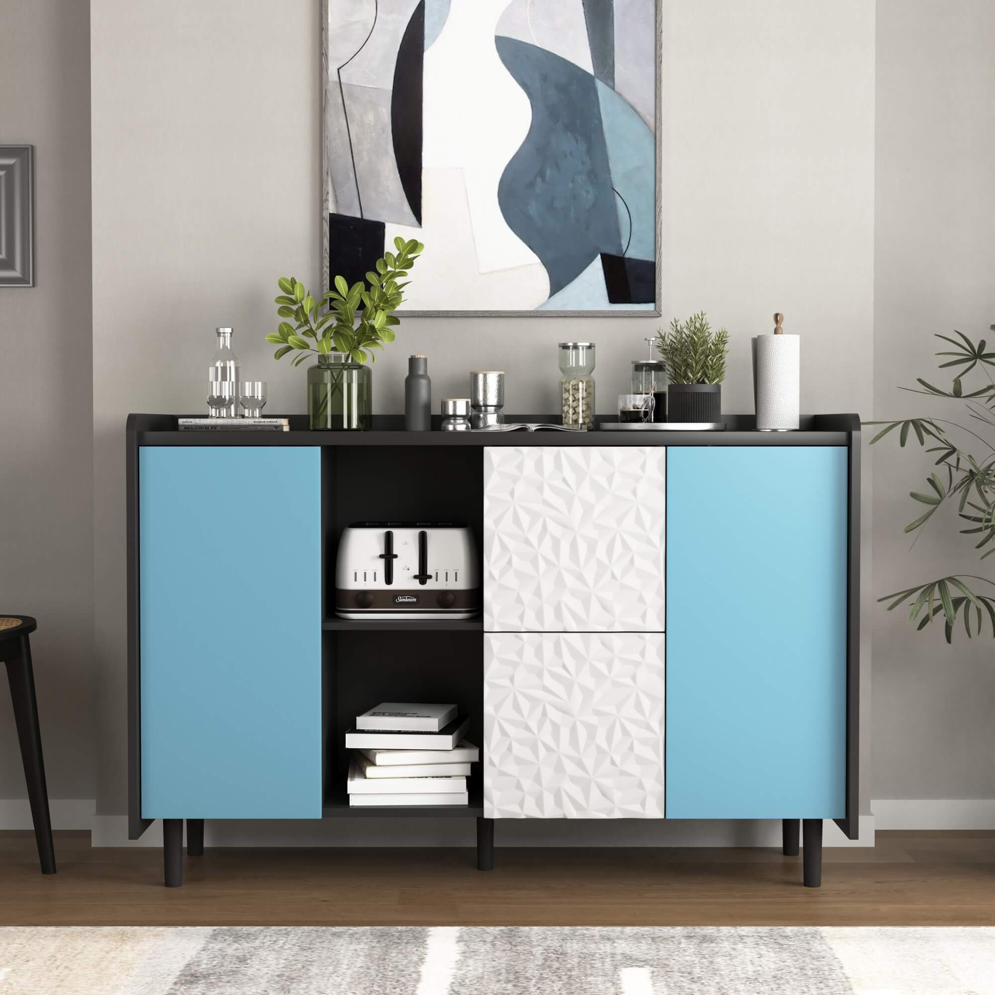 Ebern Designs Sideboard Buffet Cabinet, Black And Blue Storage Cabinet ...