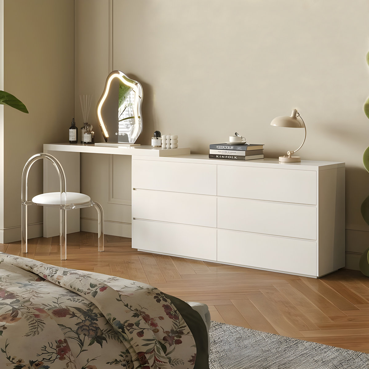 Ivy Bronx Cream Vanity Extendable Vanity Table with 6 Drawers Modern ...