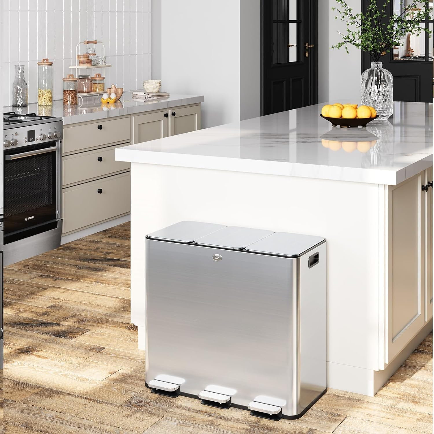Yiimo Triple Compartment Kitchen Trash Can,Stainless Steel Recycling ...
