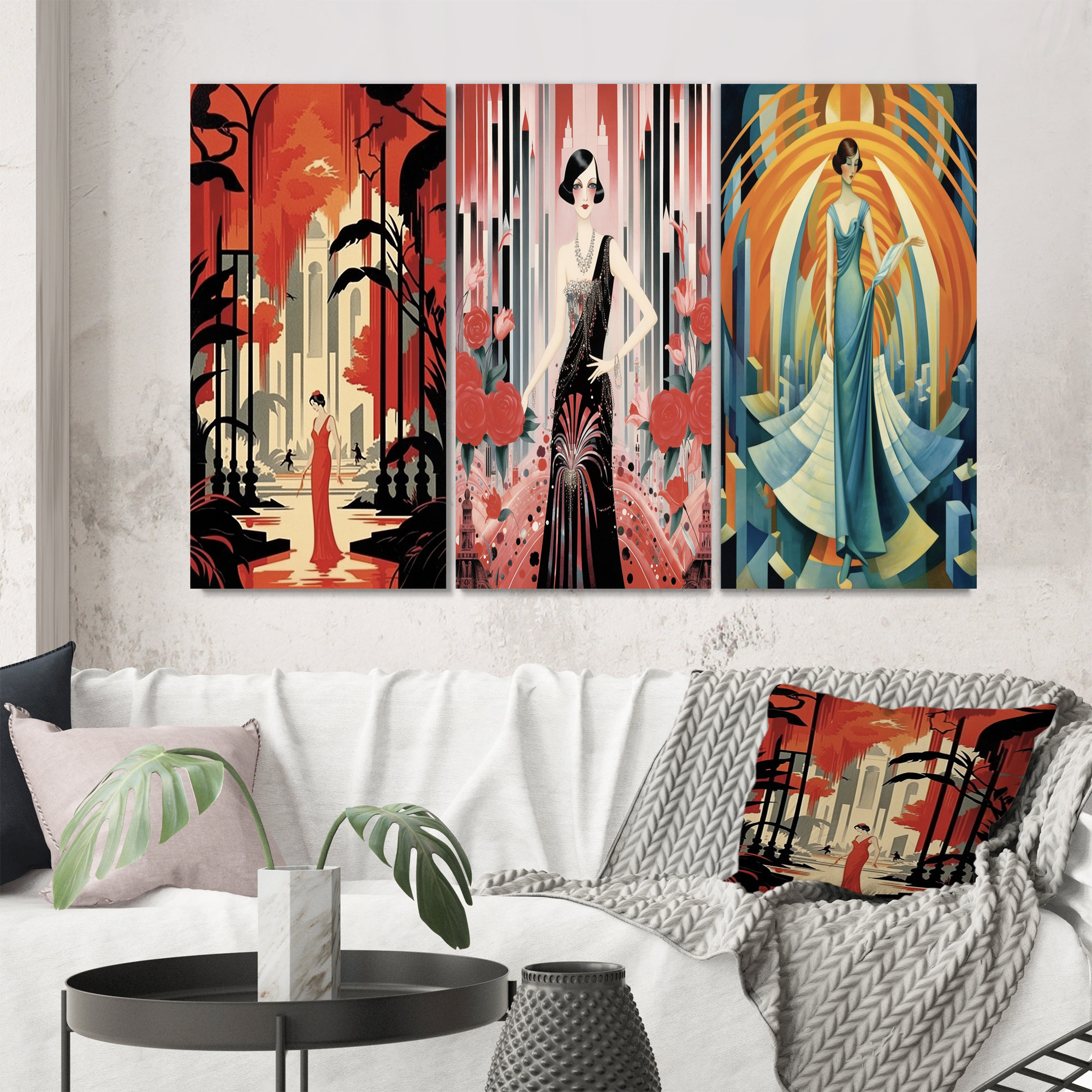 Latitude Run® Art Deco Lady in Red Evening Dress - 3 Piece Print Set ...
