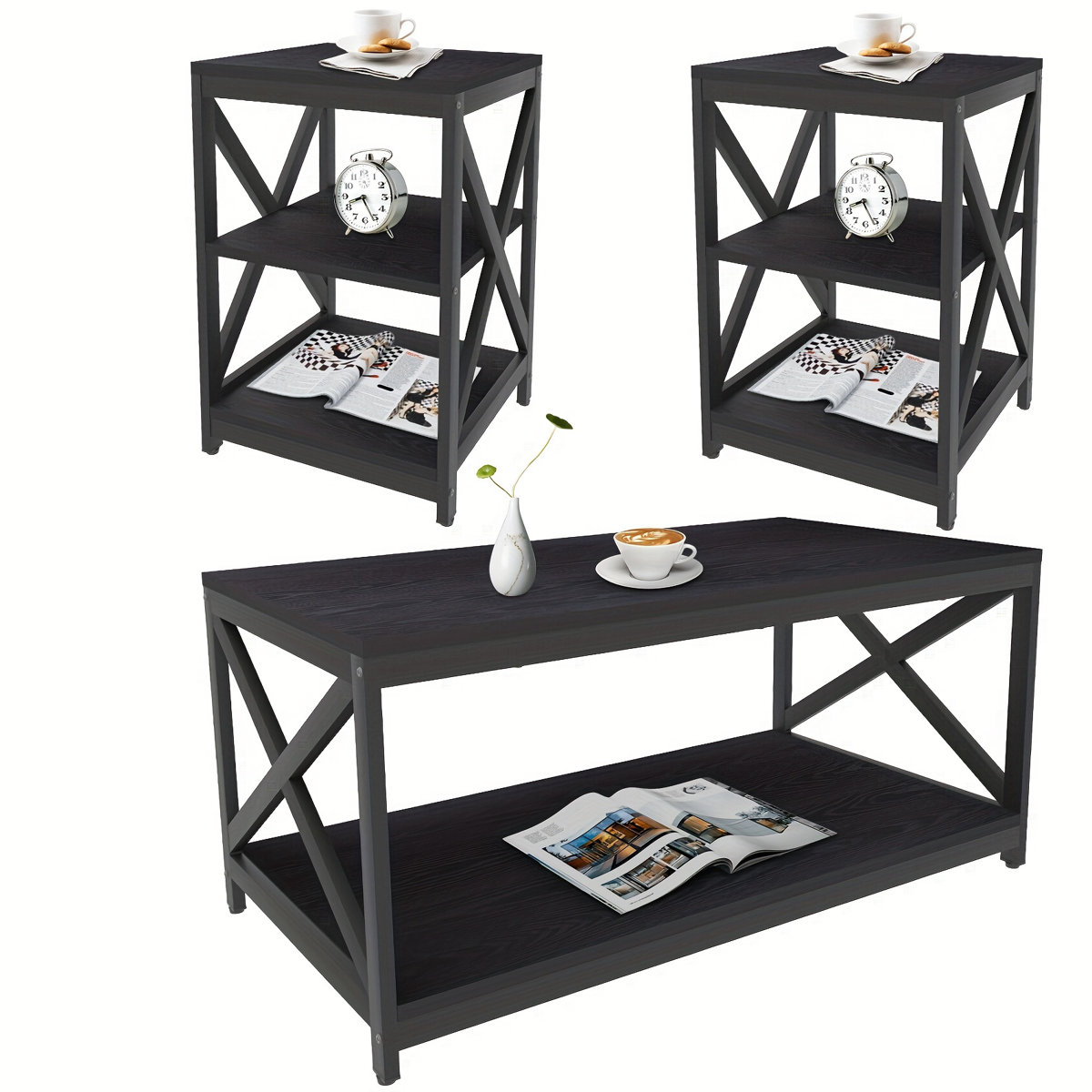 Gracie Oaks Living Room Coffee Table Set of 3, Industrial X-Design ...