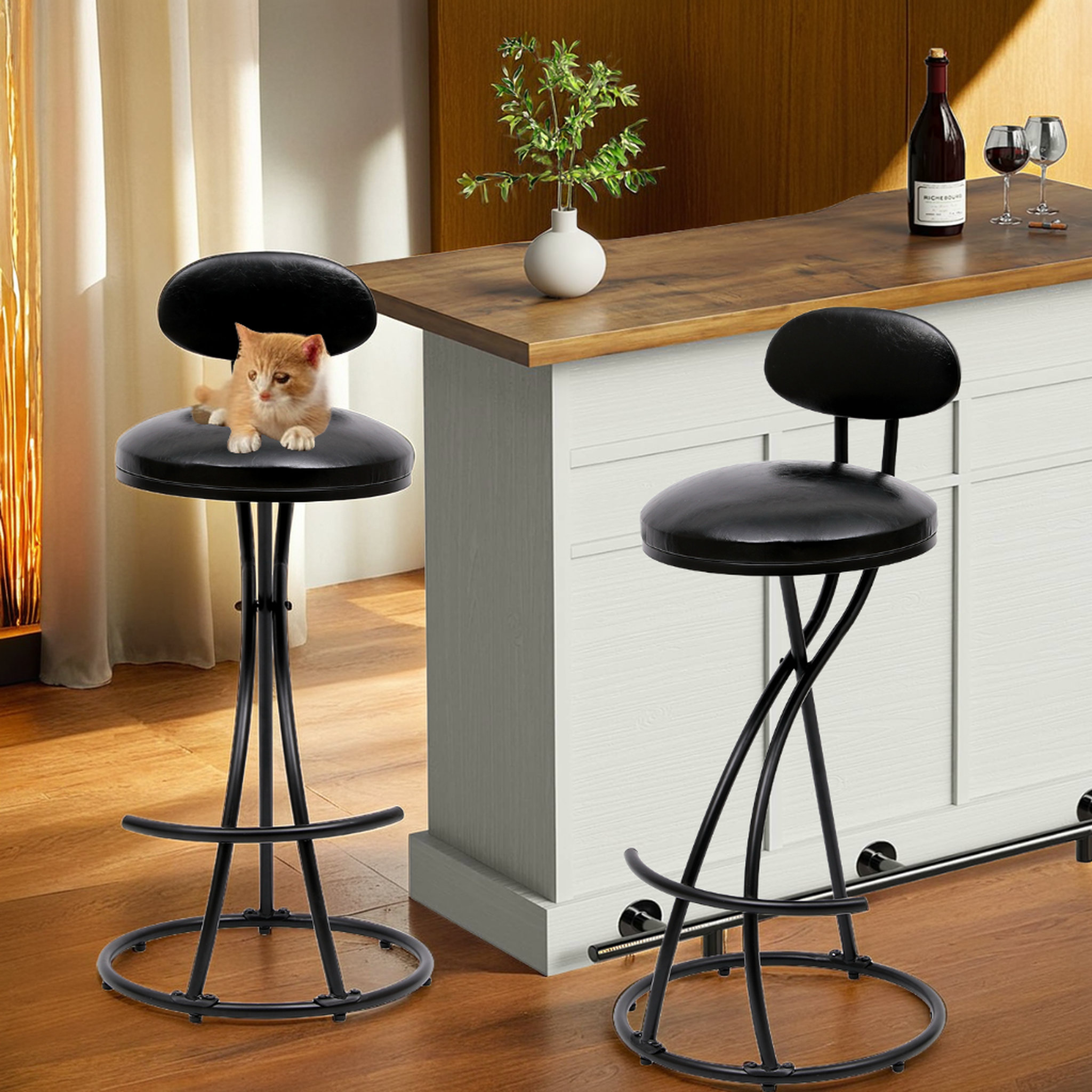 Blu Aired Merch S-Shaped Upholstered PU Round Bar Stools With Footrest ...