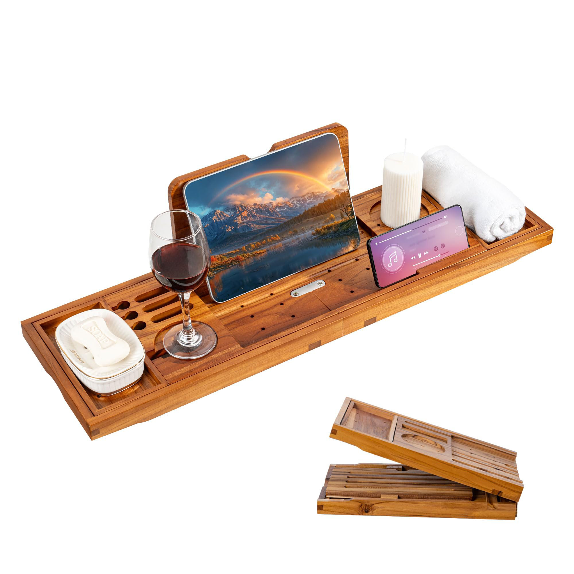 Rebrilliant Luxury Teak Bathtub Tray - Foldable Bath Caddy With ...