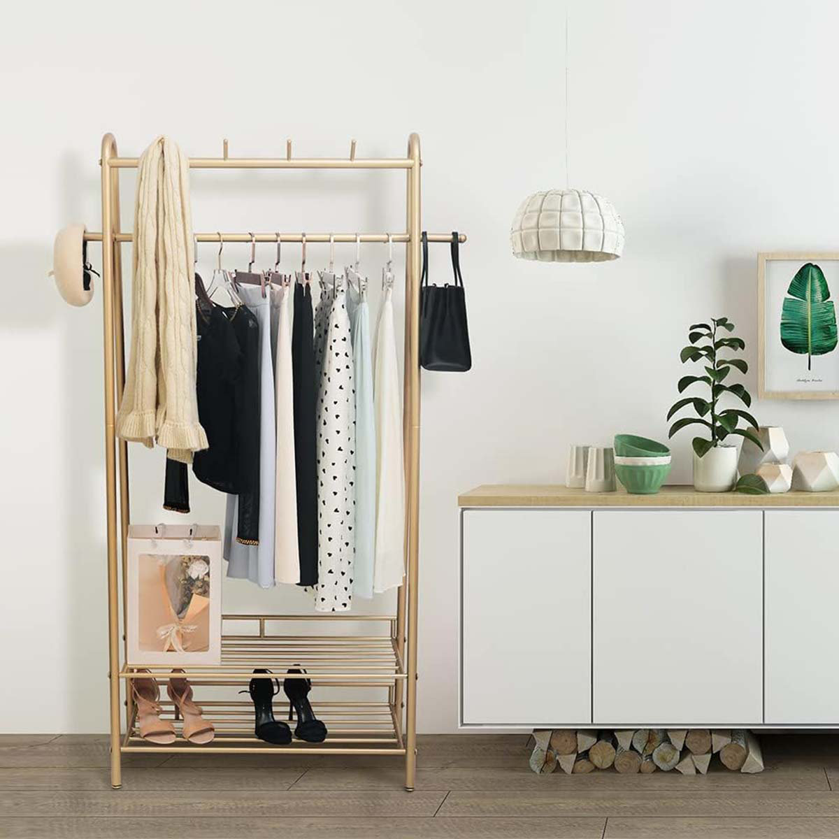 Everly Quinn Gold Clothing Rack Freestanding Industrial Garment Rack ...