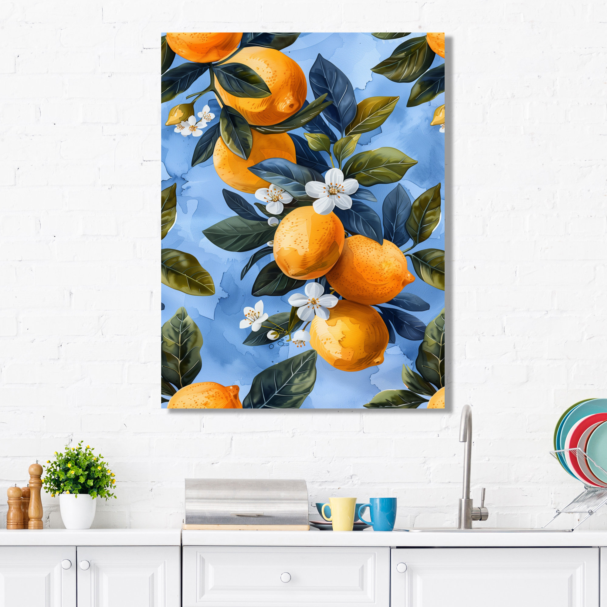 Design Art Yellow Blue Lemon Trees Pattern II - Fruits Wall Art | Wayfair