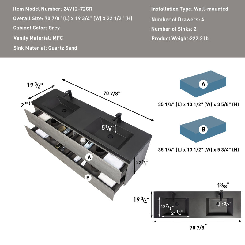 Latitude Run® Annaleigha 72'' Double Bathroom Vanity with Quartz Top ...