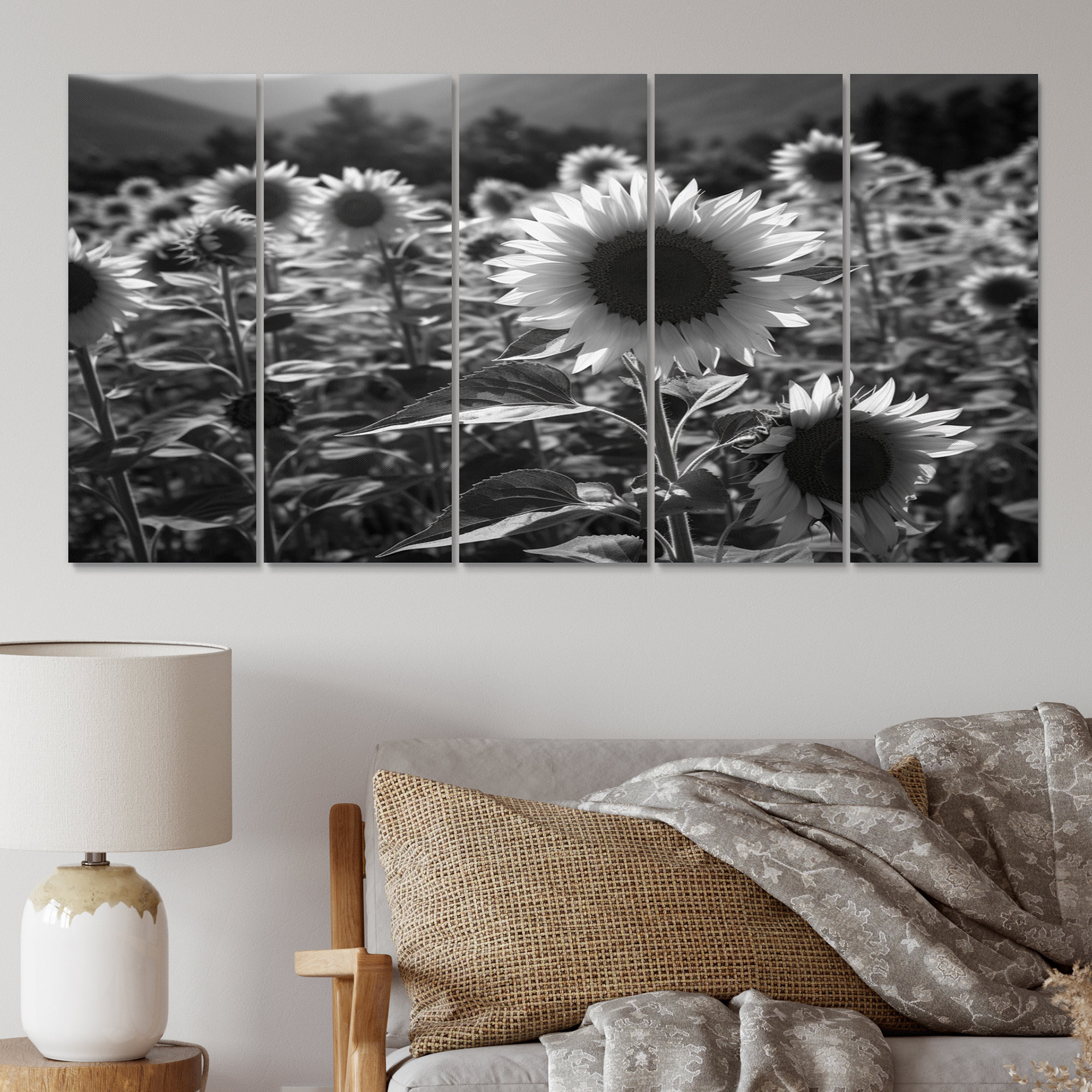 Design Art Black White Sunflower Filed II - Floral Metal Wall Decor Set ...