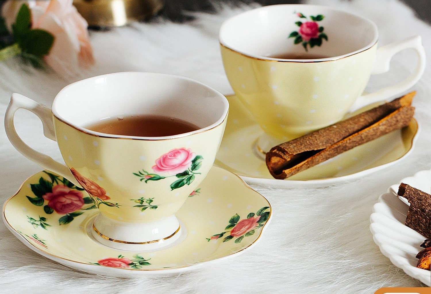 Cleyol The Floral Tea Cups and Saucers, Set of 2, 8oz, with Gold Trim ...