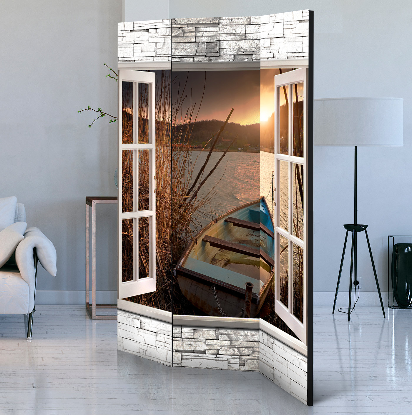 East Urban Home Rafferty Autumnal Lake Solid Wood Folding Room Divider ...