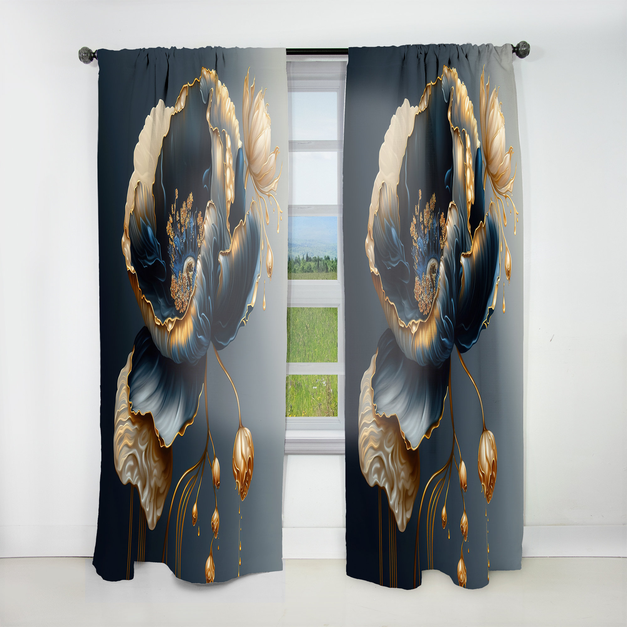 Design Art Deep Blue And Gold Single Flower I - Floral Velvet Curtain ...