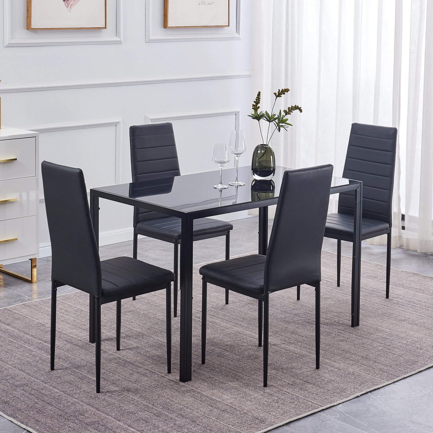 Ebern Designs 5 Piece Kitchen Table And Chairs With Black Tempered ...