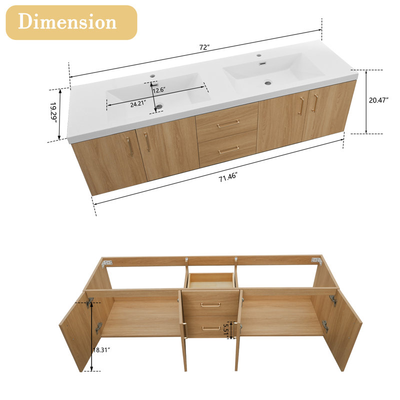 Latitude Run® 72'' Double Bathroom Vanity With White Double Sink Top ...
