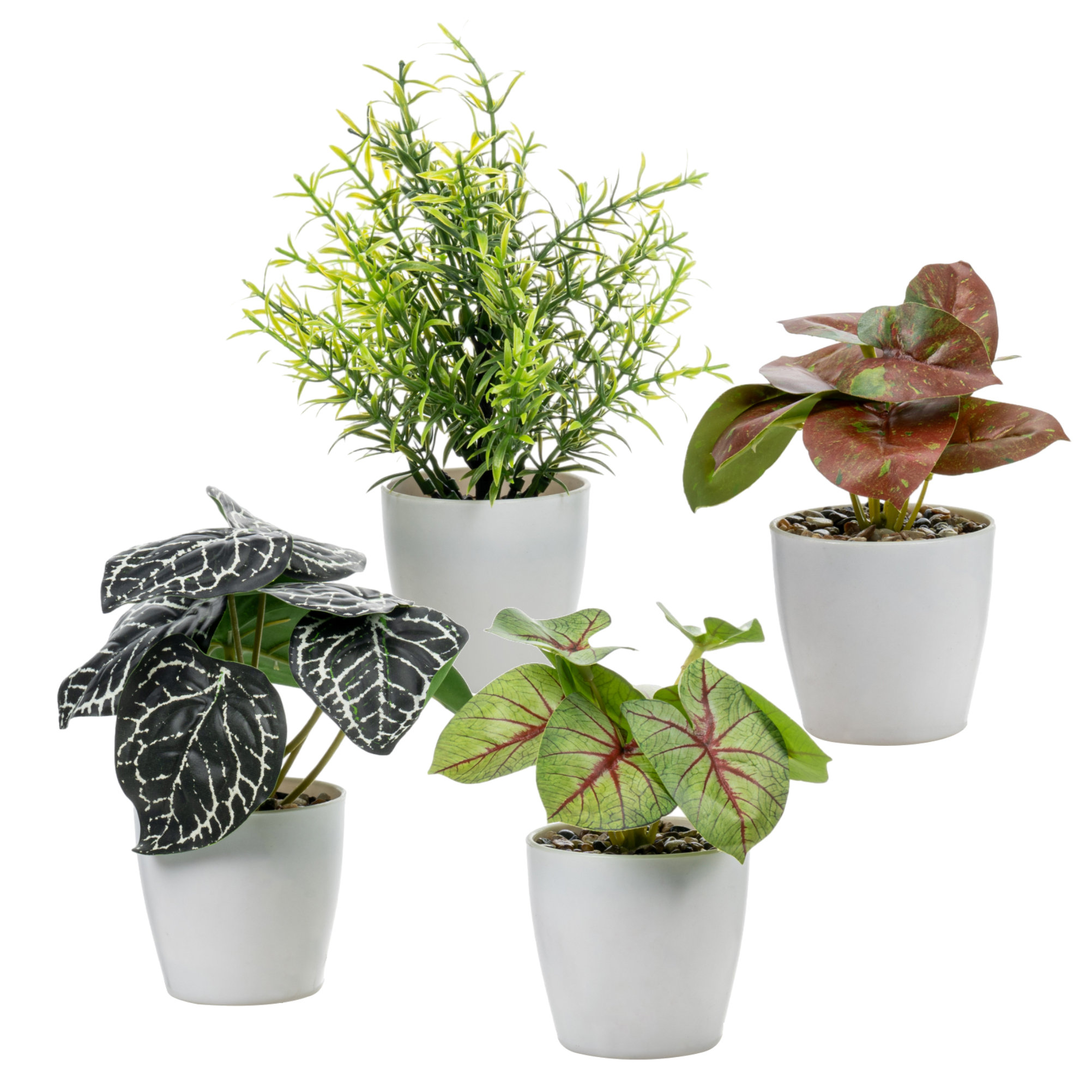 Primrue 4 Piece Fuax Fake Mini Foliage Artificial Plants White Pot ...