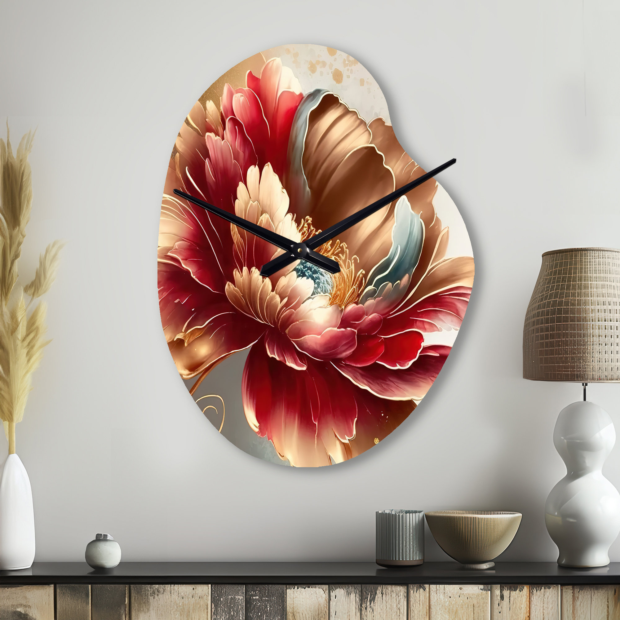 Design Art Bold Red Floral Design I - Pear Shape Red Wall Clock ...