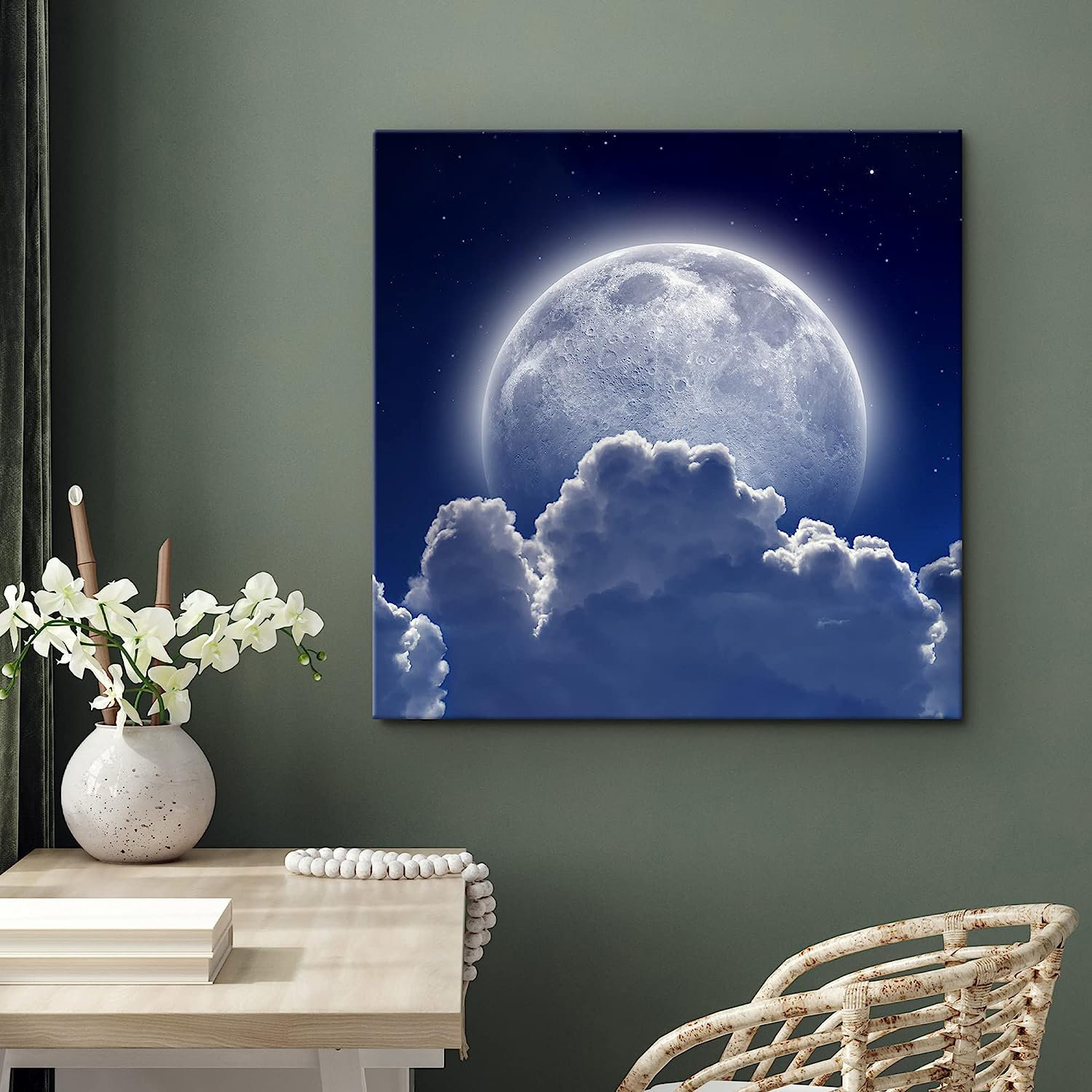 IDEA4WALL Mystic Glowing Blue Moon Moon Galaxy White Clouds On Canvas ...