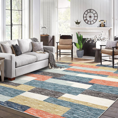 Ebern Designs Geometric Machine Washable Area Rug with Rubber Backing ...