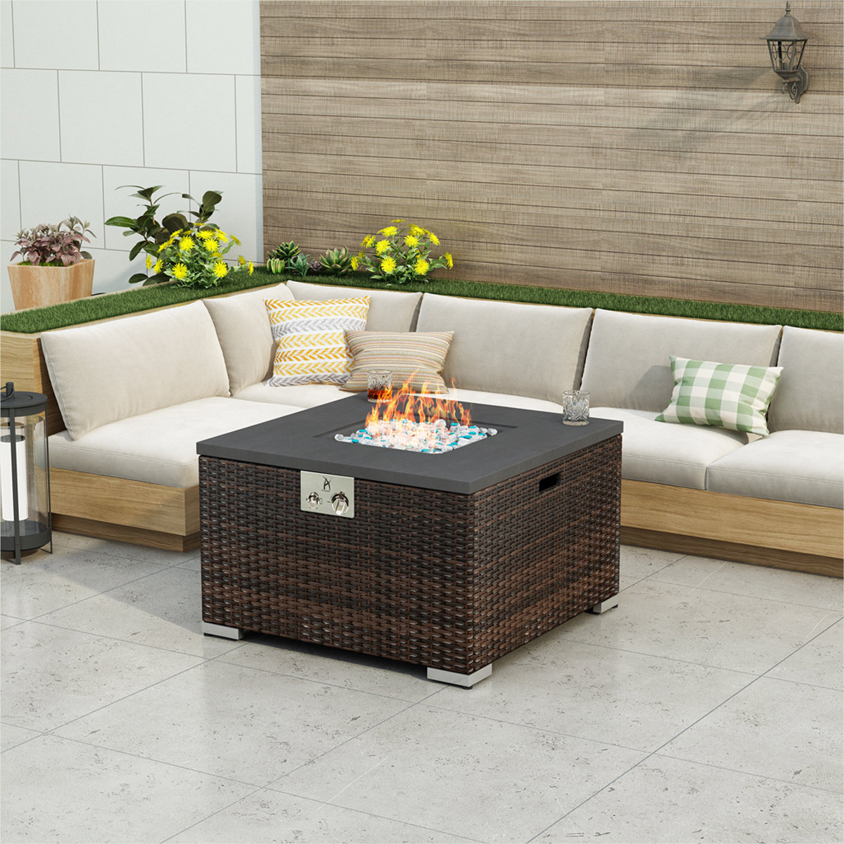 YDT Furniture Outdoor Gas Fire Pit Square Dark Brown Wicker Fire Pit ...