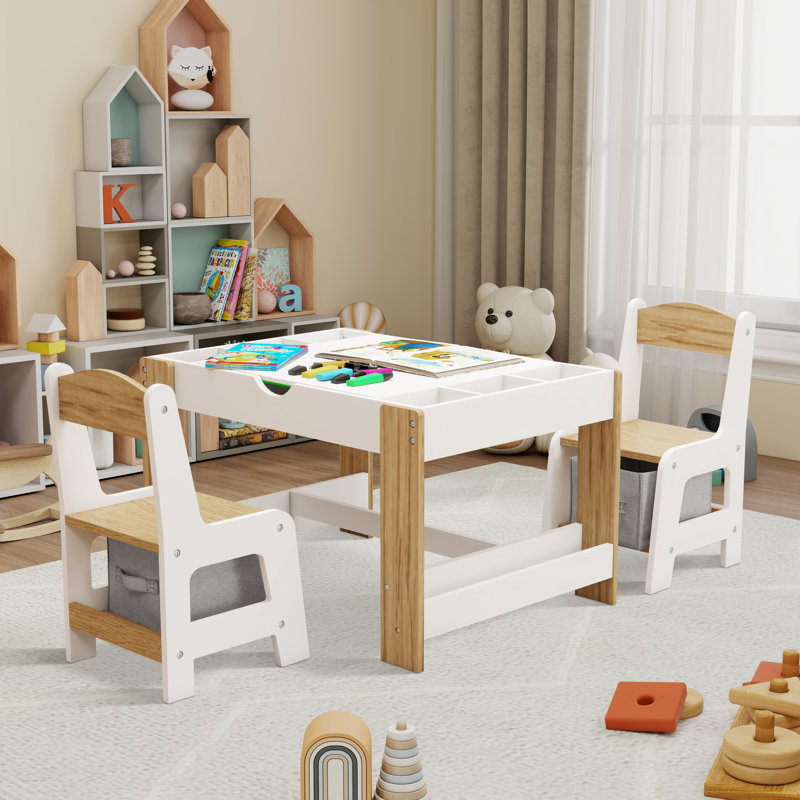 Harriet Bee Wooden Kids Play Table And 2 Chairs Set With 7 Storage ...