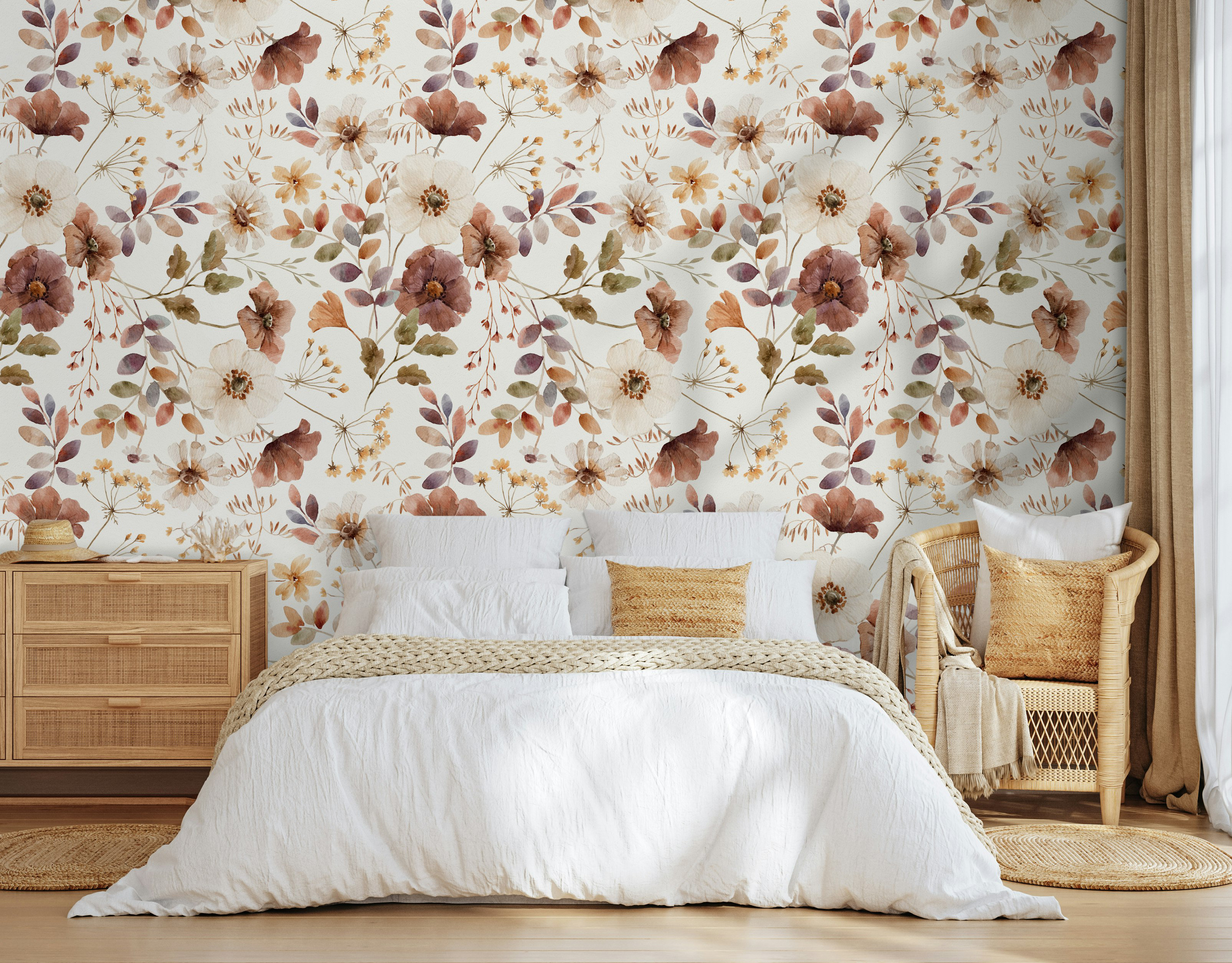 Wildon Home® Autumnal Fall Hand Drawn Watercolor Floral Wallpaper Mural ...