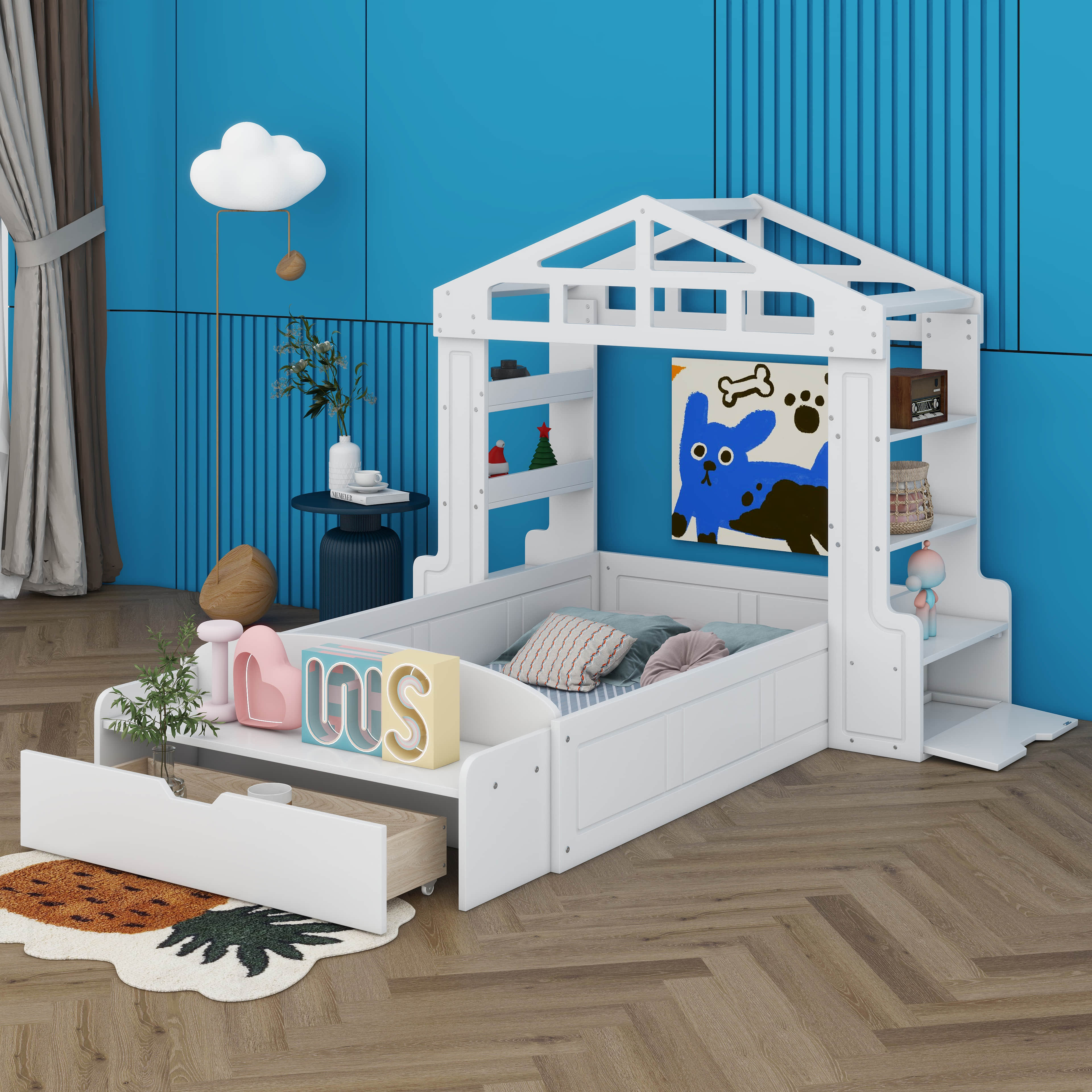 Latitude Run® Twin Size House Bed With Bench, Socket And Shelves ...