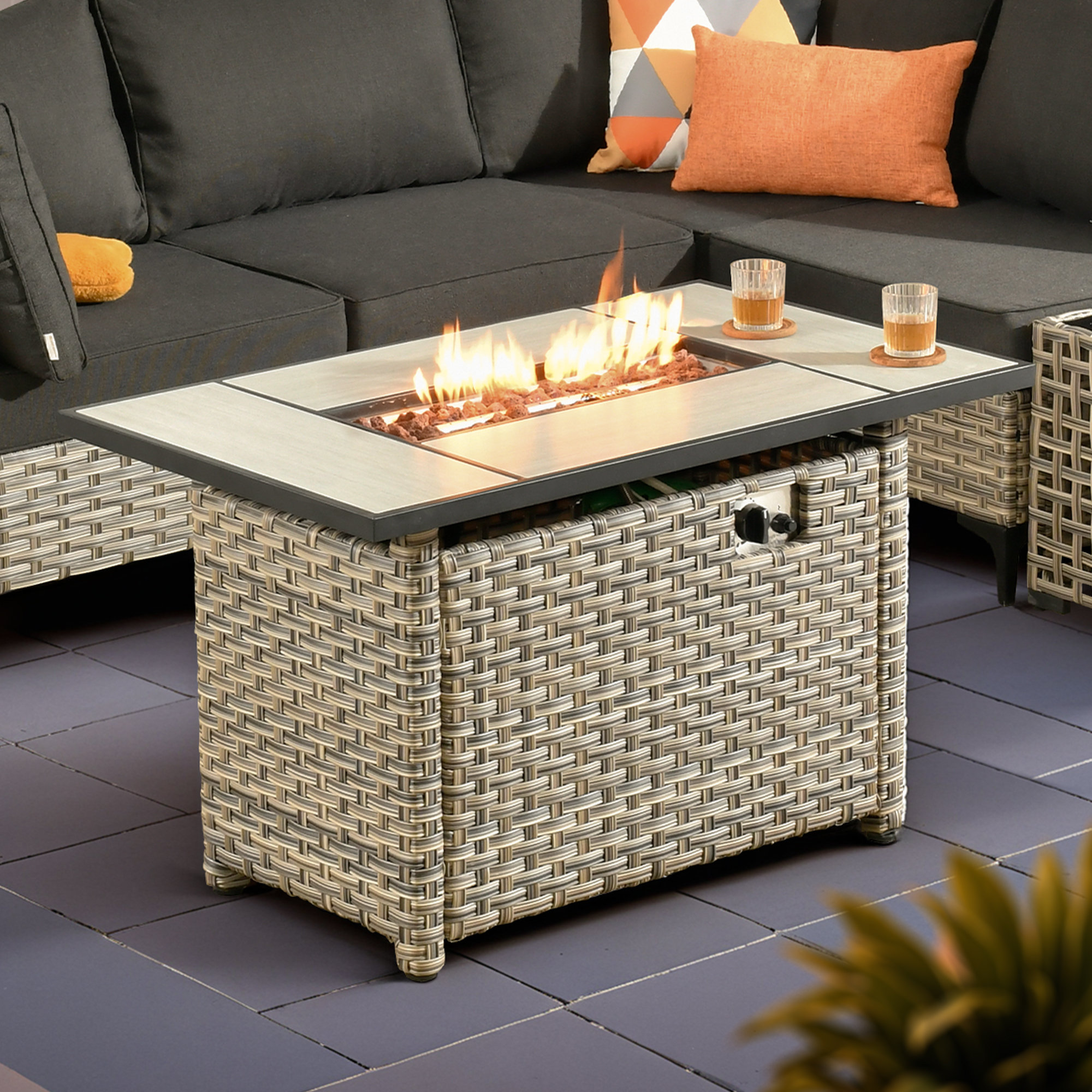 Latitude Run® Rectangle Rattan Outdoor Propane Firepit Table, With Lid ...