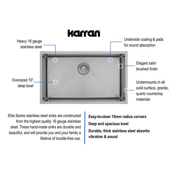 Karran Stainless Steel 30'' X 18'' Single Bowl Undermount Kitchen Sink ...
