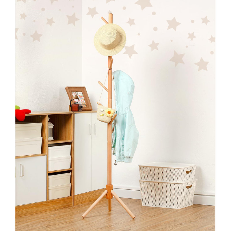 BEZULY Wood Kids Coat Rack Adjustable Height Stand With 9 Hooks | Wayfair