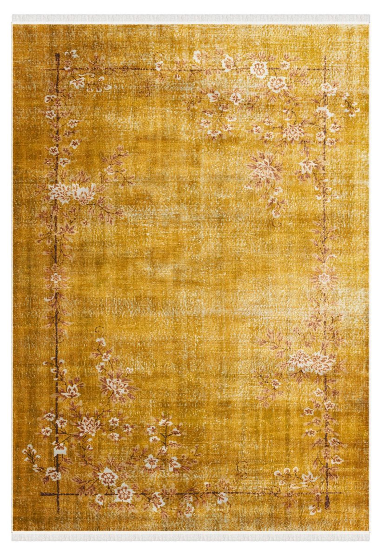 Rugpera Hanan Yellow Color Floral Design Carpet Machine Woven Polyester ...