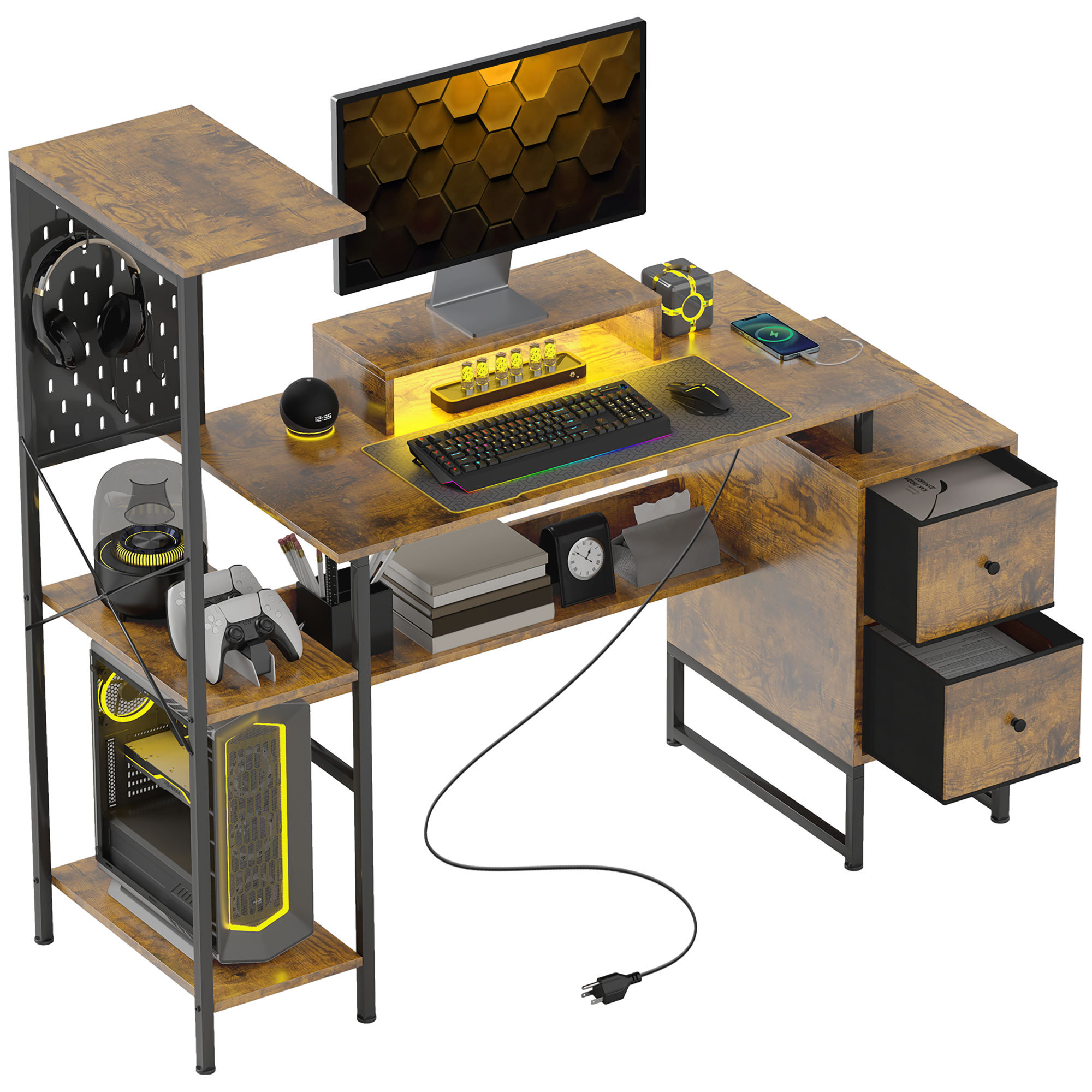 Inbox Zero 56" Gaming Desk with Power Outlets and LED Lights, Computer ...