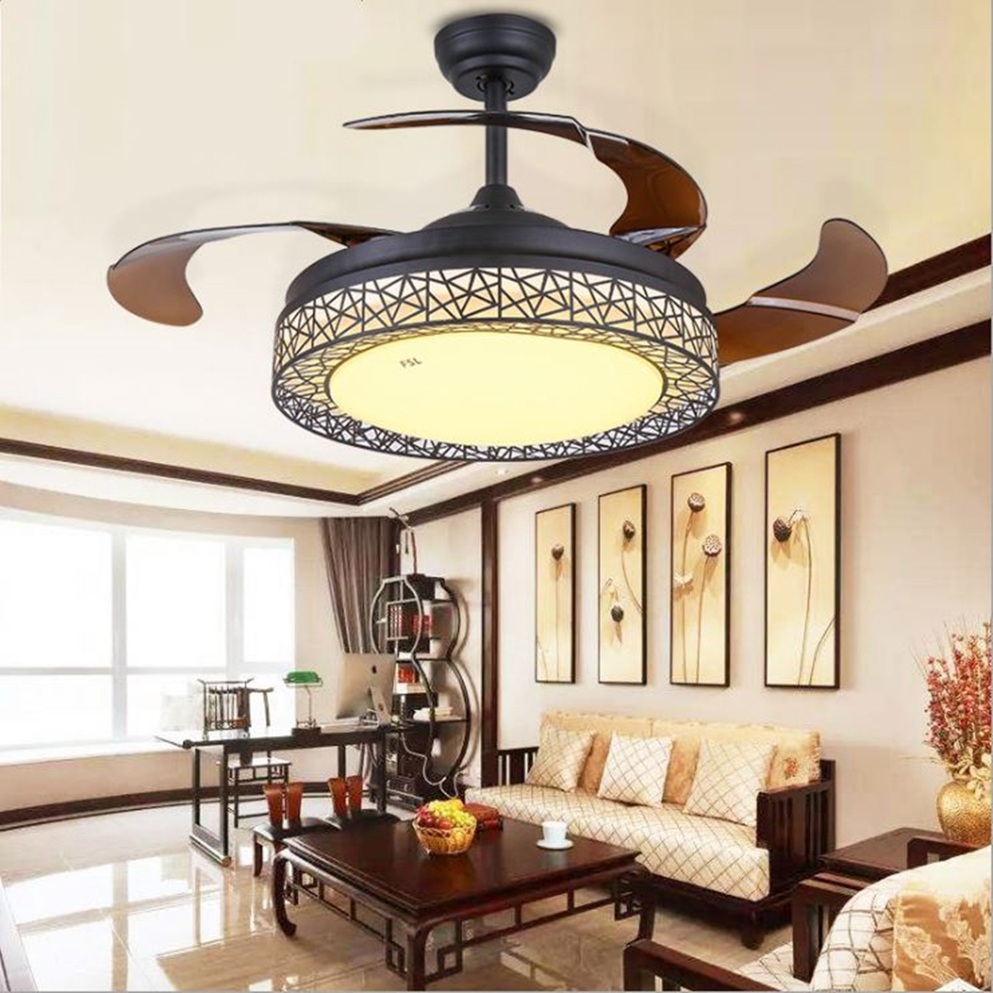 Wrought Studio™ 42" Black Blade Led Retractable Blades Ceiling Fan With ...