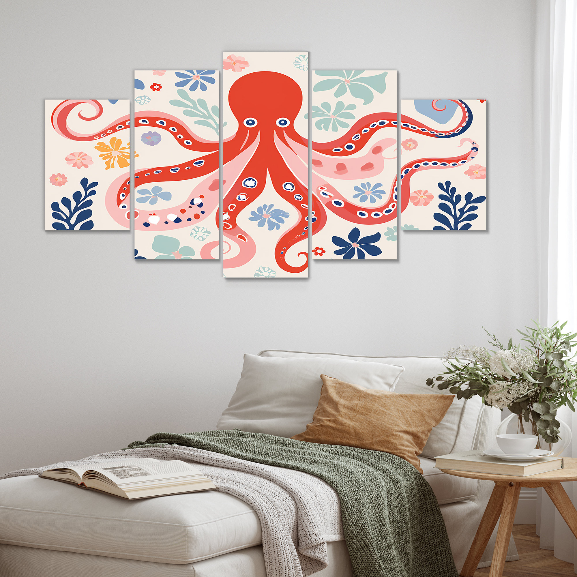 Design Art Deep Ocean Red Octopus Retro Illustration - Octopus Animal ...
