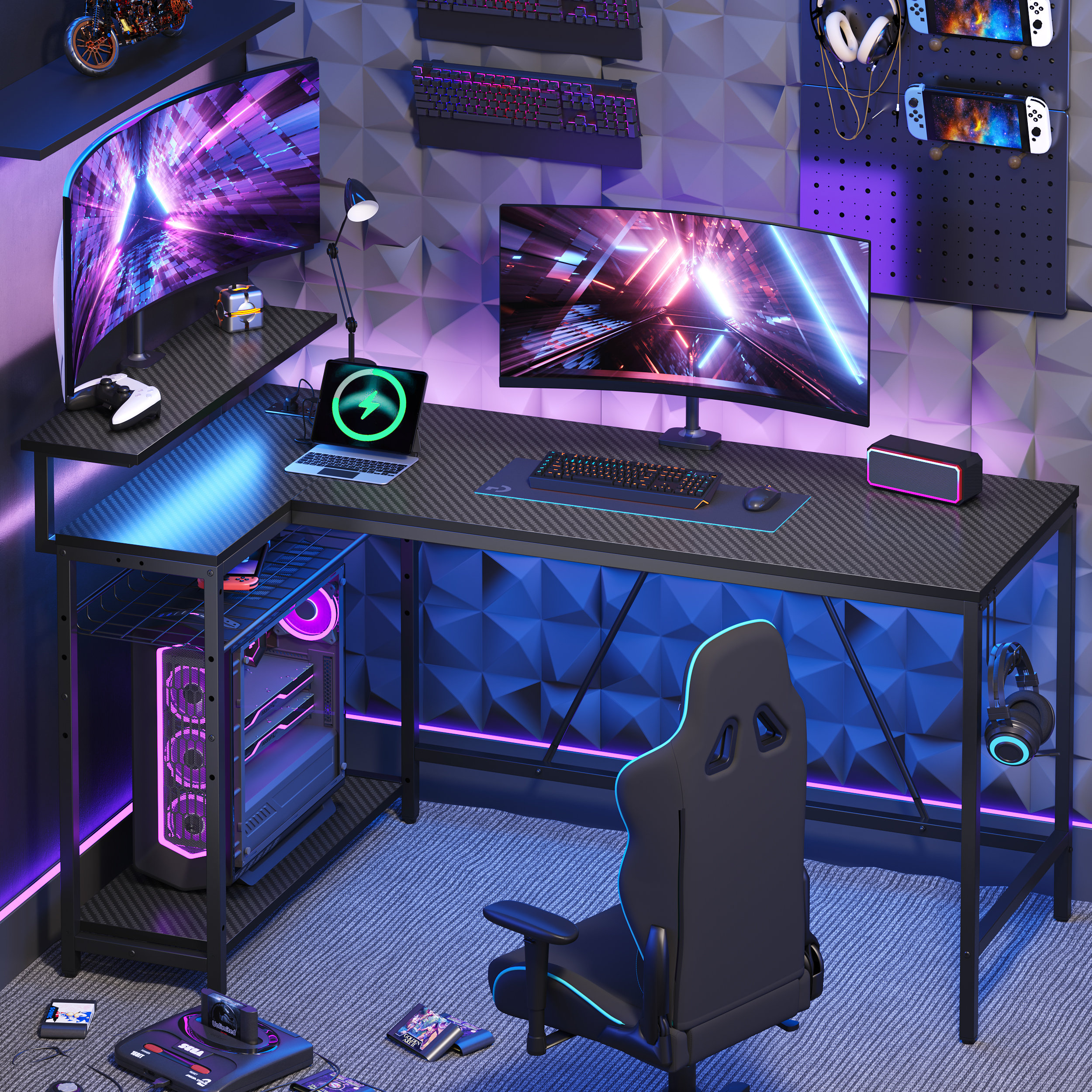 17 Stories Johnothan 58.07'' LED Gaming Desk With Power Outlet, L ...