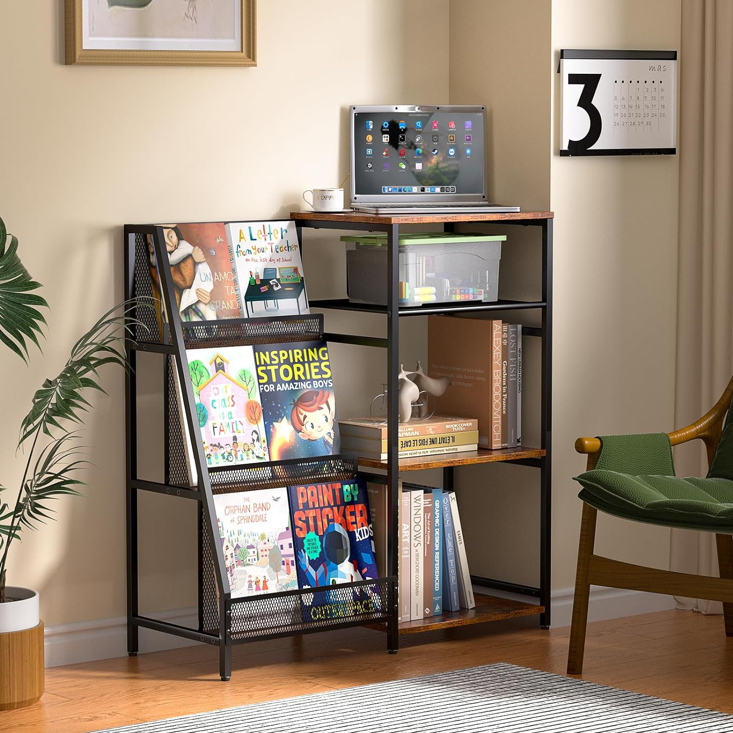 17 Stories Wooden Kids Bookshelf With 3-Tier Ladder Book Display Rack ...