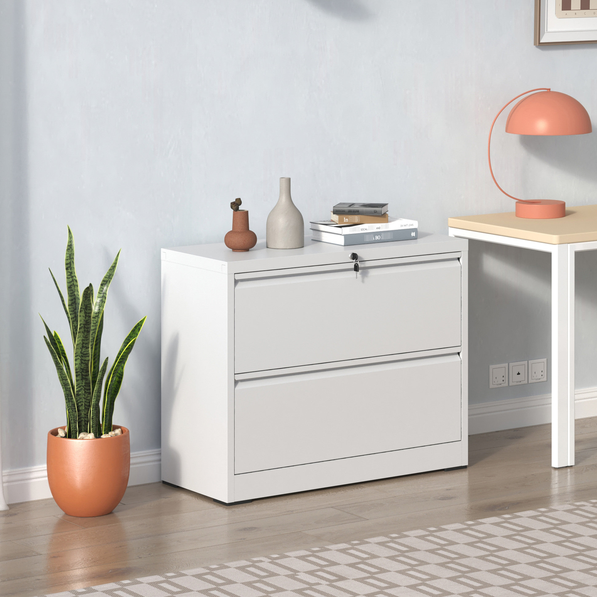 Ebern Designs Lockable Metal 2 Filing Cabinet, White, For Office File ...