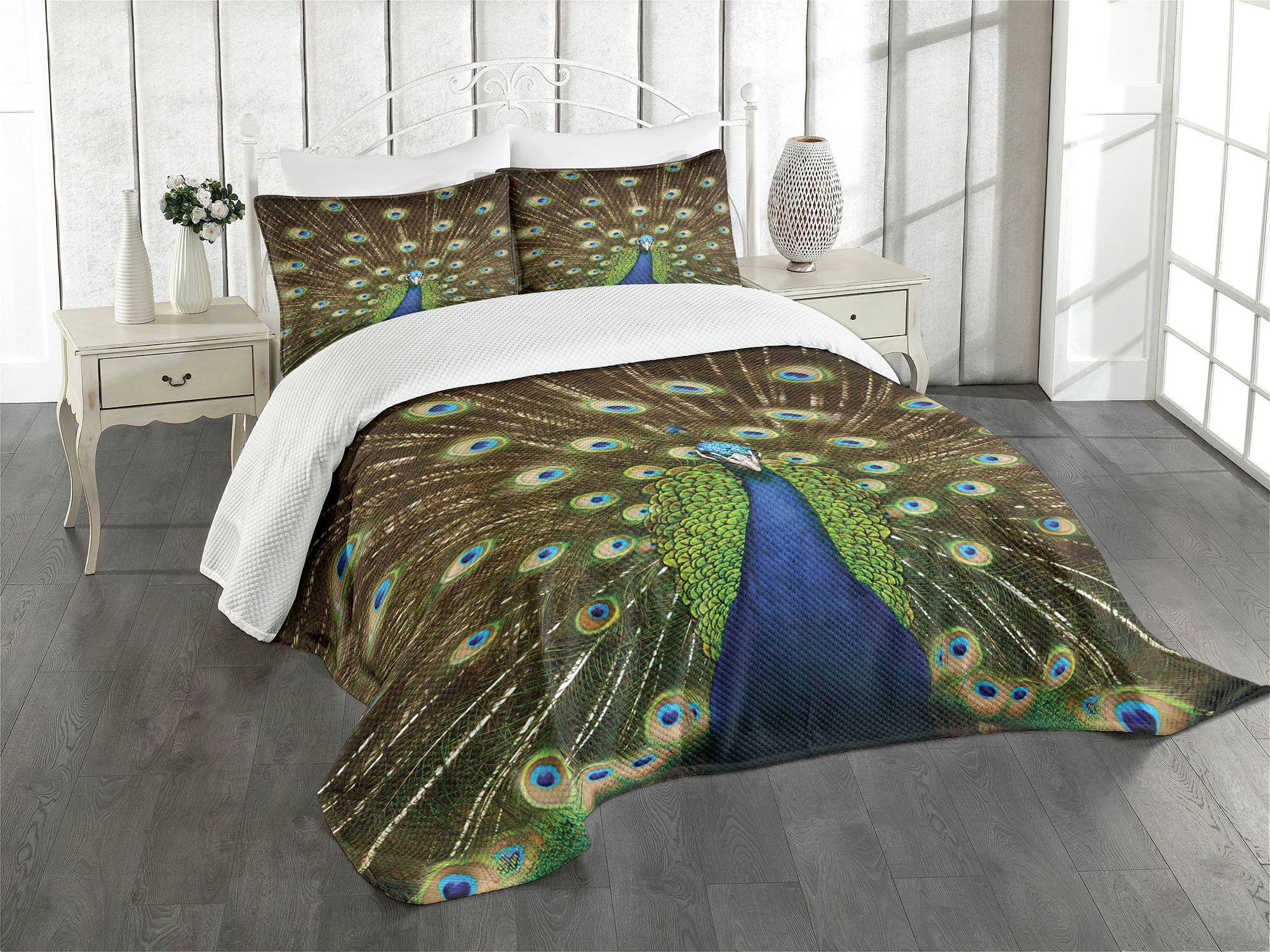 Ambesonne Colorful Bedspread Peacock with Feathers | Wayfair