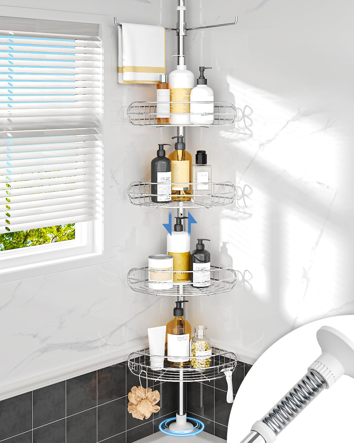Rebrilliant Corner Shower Caddy Tension Pole, 4-Tier Adjustable Shower ...