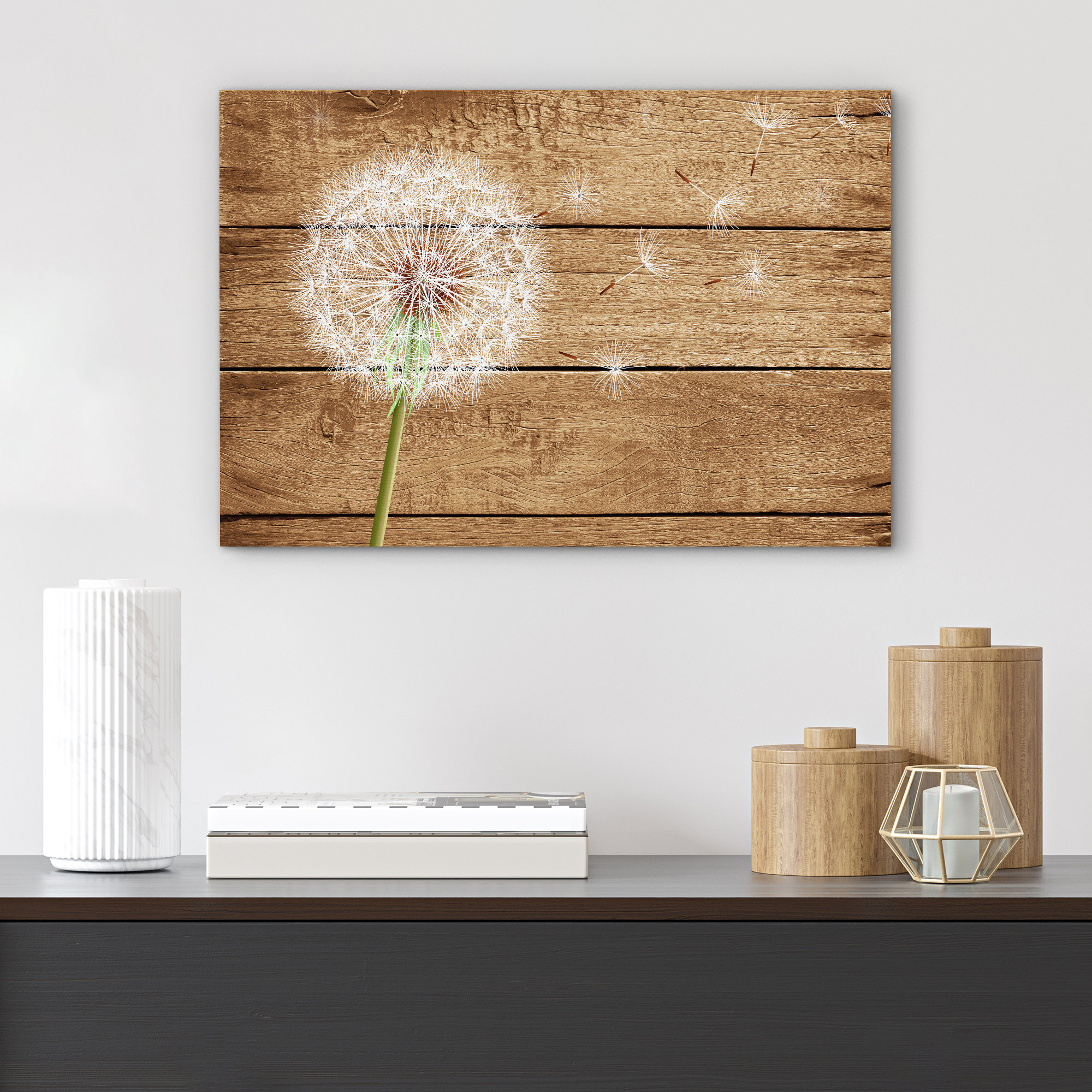 IDEA4WALL Dandelion on Brown Wood Effect Background Rustic Pictures ...