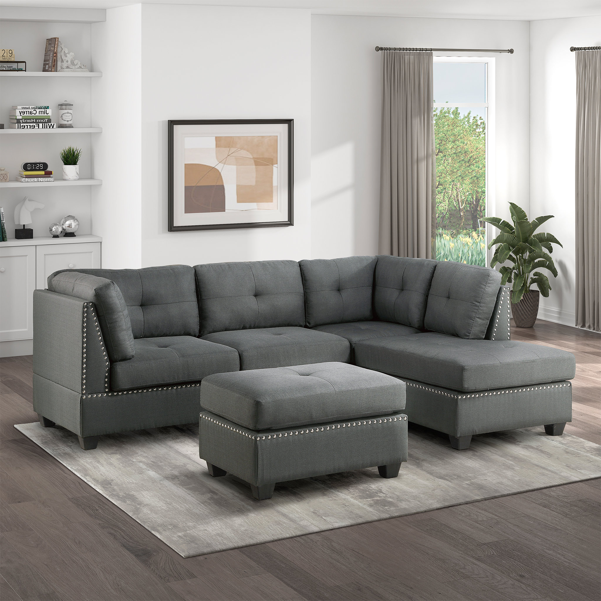 Lexicon Fabric Upholstered Sectional Sofa Chaise with Ottoman | Wayfair