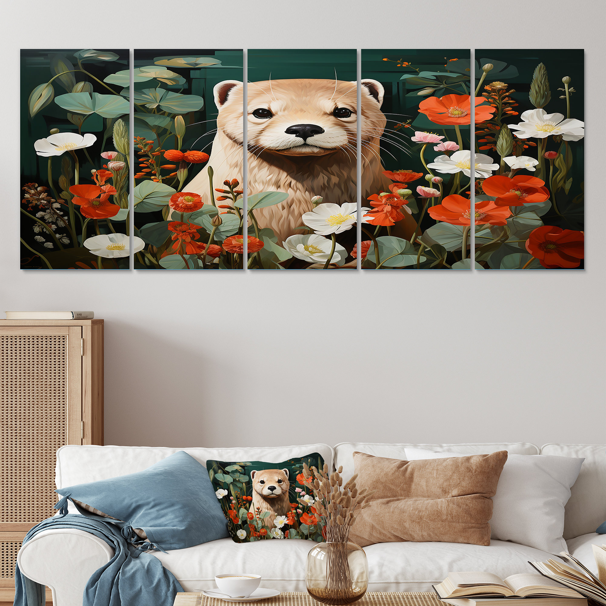 Design Art Playful Otter In Tropical Blooms II - Otter 5 Piece Wall Art ...