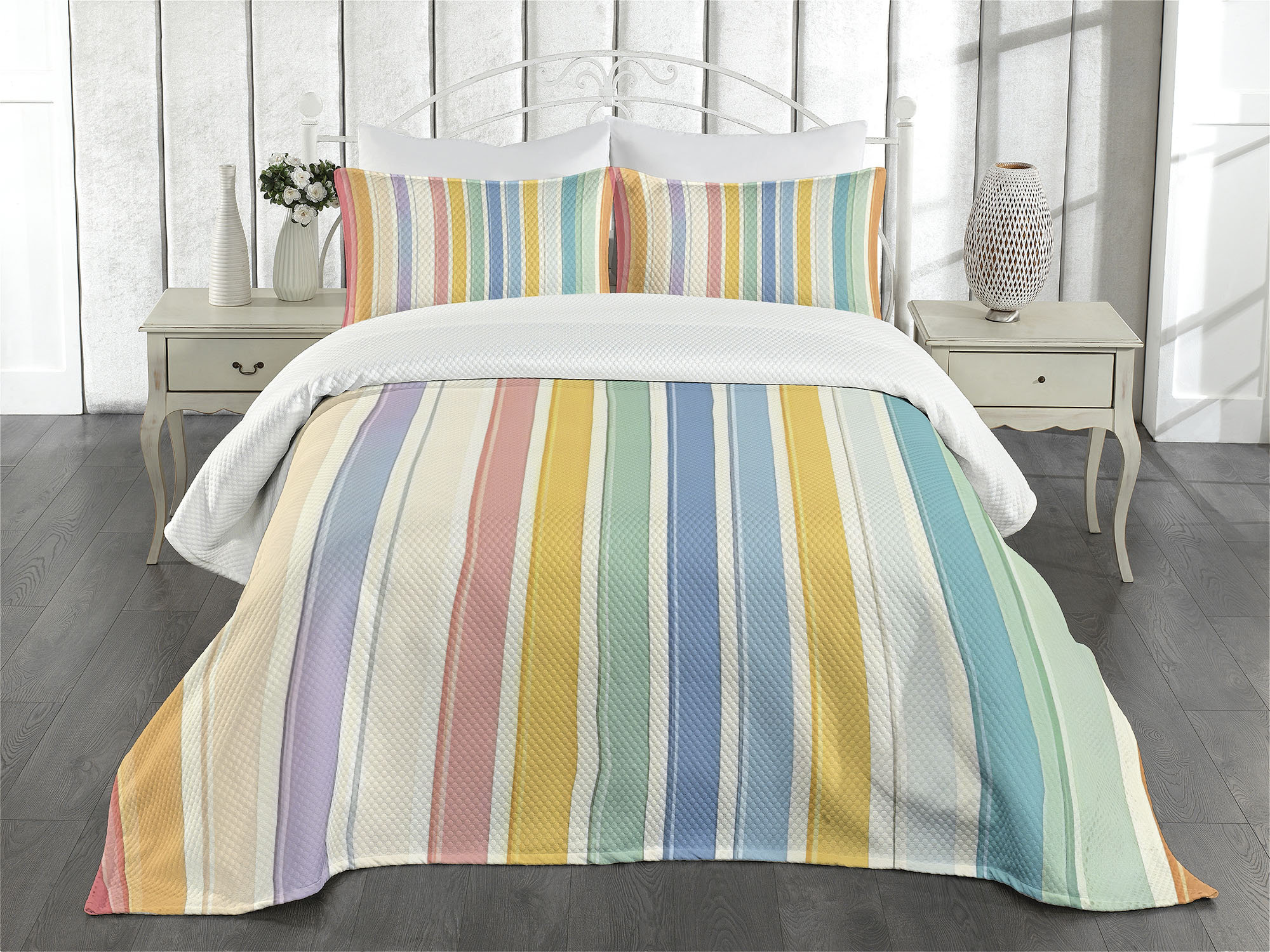 Ambesonne Striped Bedspread Set Happy Pastel Vertical Lines Yellow ...